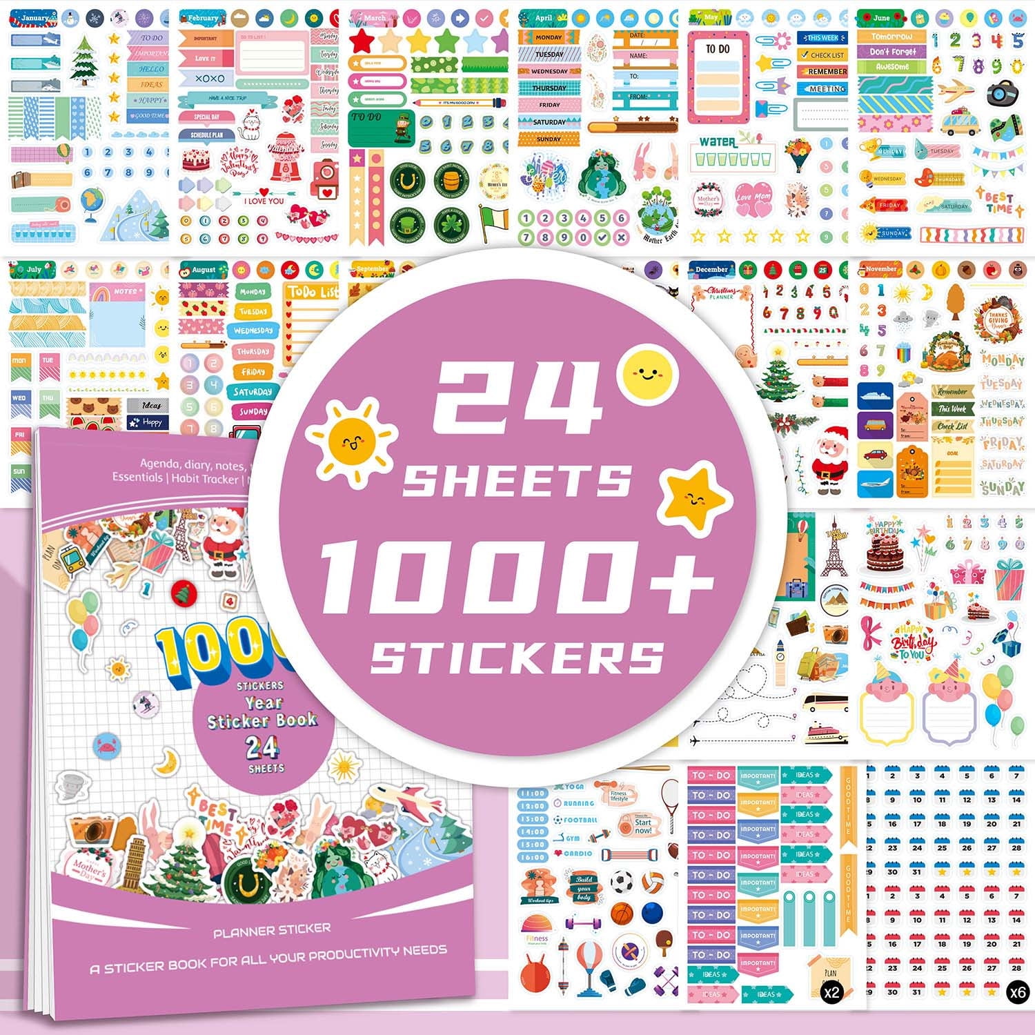 Sulgyt 24 Sheets 1700 pcs Colorful Aesthetic Planner Stickers, to-do ...