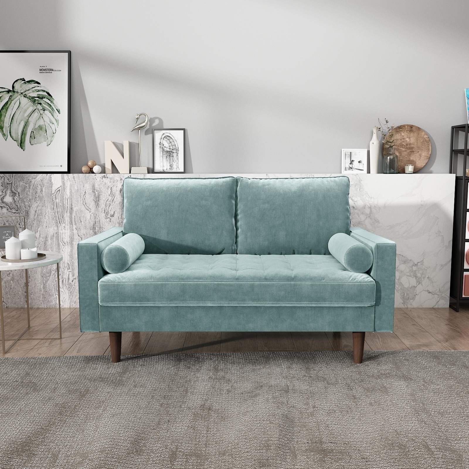 Sulina Mid-Century Modern Tufted Loveseat with Bolster Pillows, Velvet ...