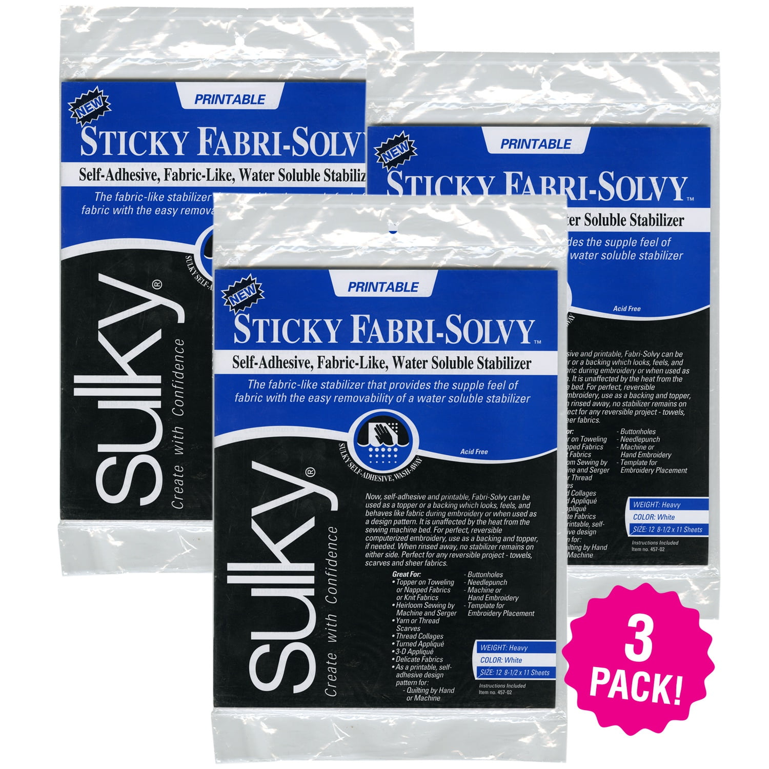 Sulky Sticky Fabri-Solvy Stabilizer 8.5"X11" 12 count, Multipack of 3 ...