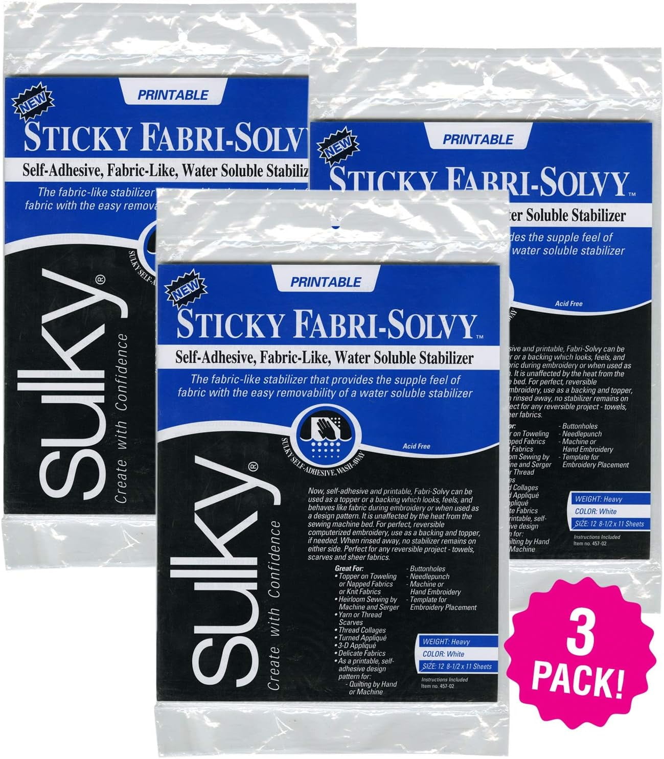 Sulky Sticky Fabri-Solvy Stabilizer 8.5"X11" 12pcs 3/Pk, 3 Pack ...