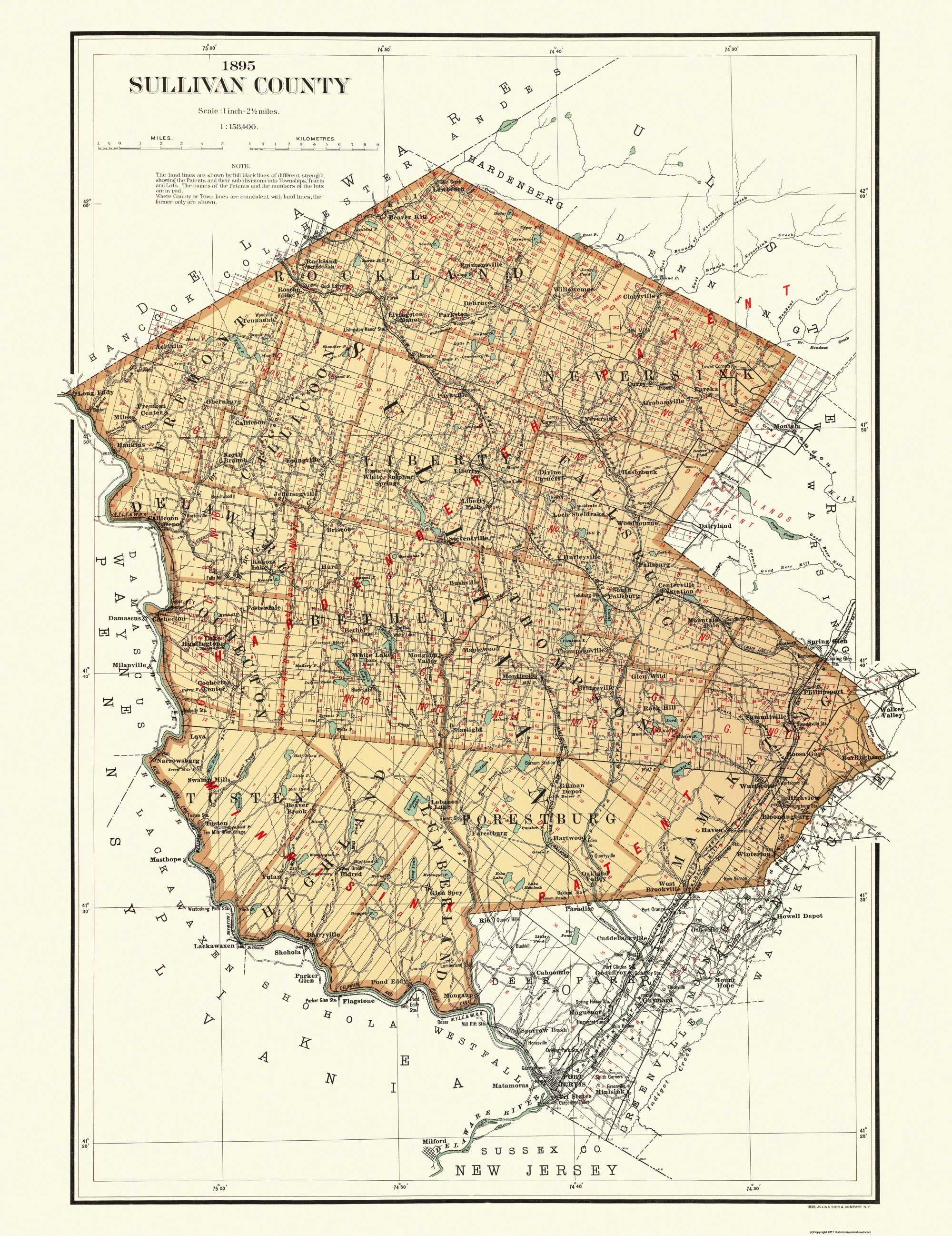 Historic County Map - Sullivan County New York - Bien 1895 - 23 x 29.81 ...