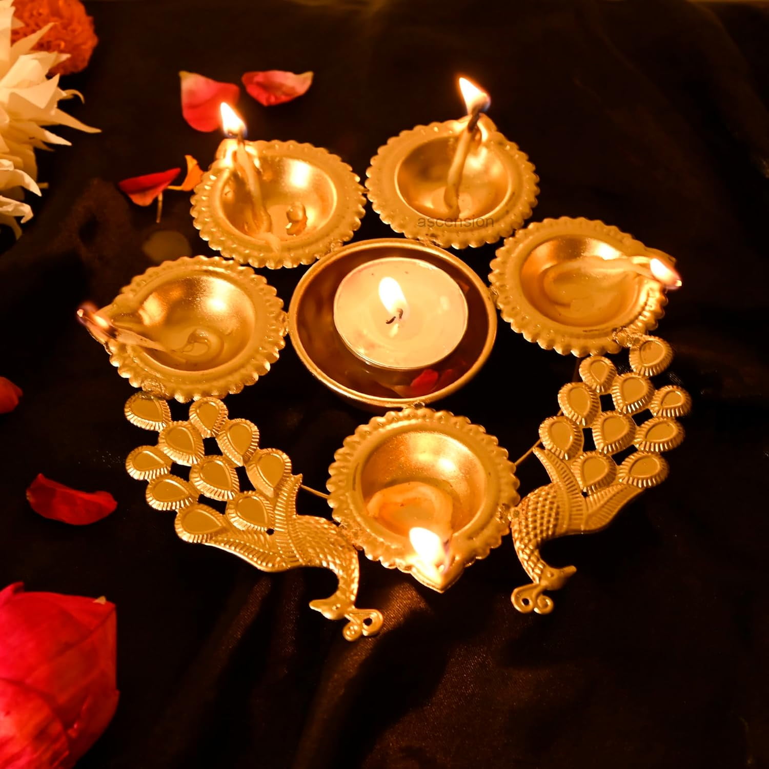 SumanExport-Hub Peacock Diya Shape Urli Bowl with 5 Oil Diyas for ...
