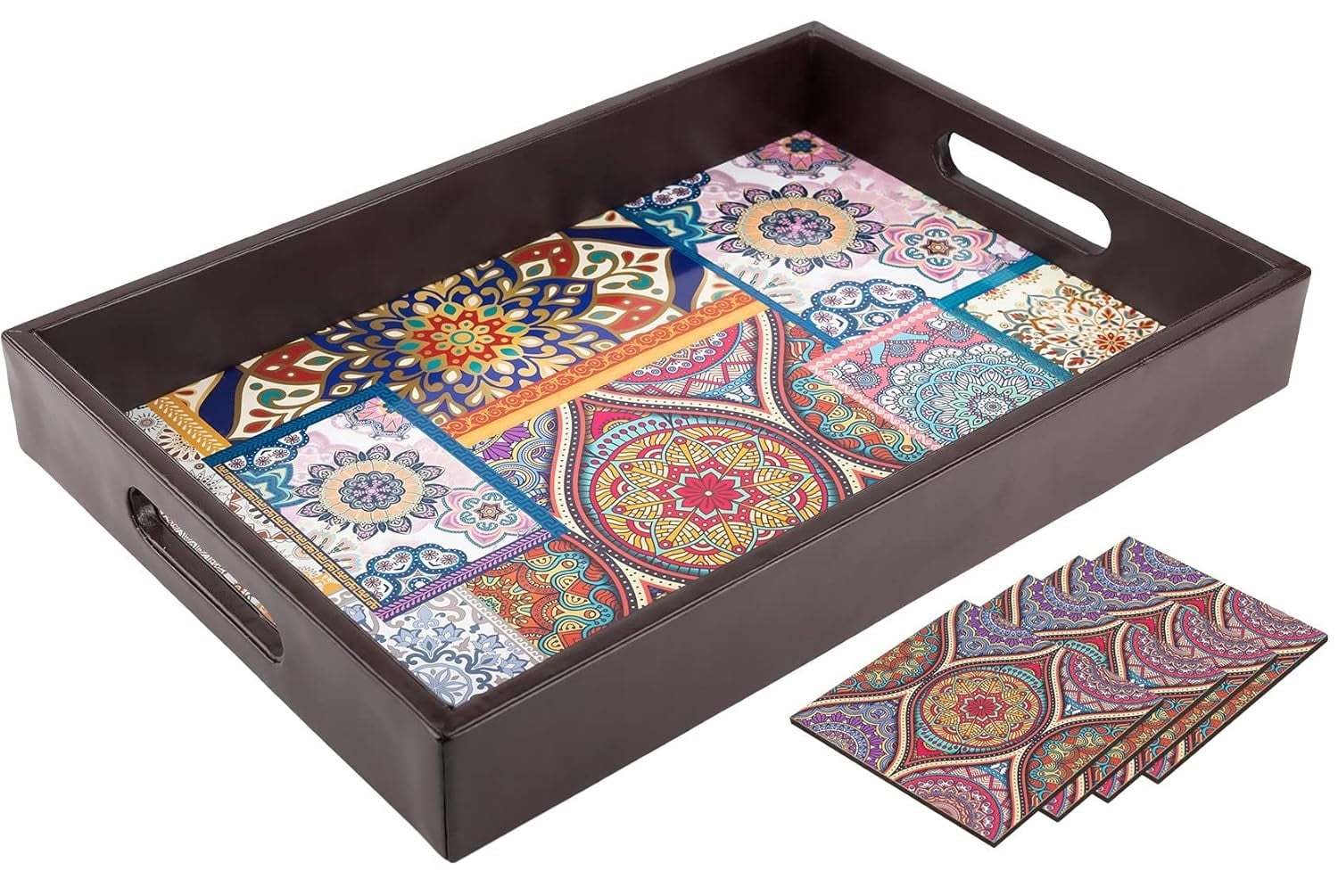 SumanExport-Hub Wooden Serving Tray Set with 4 Coasters | 10x15 Inch ...