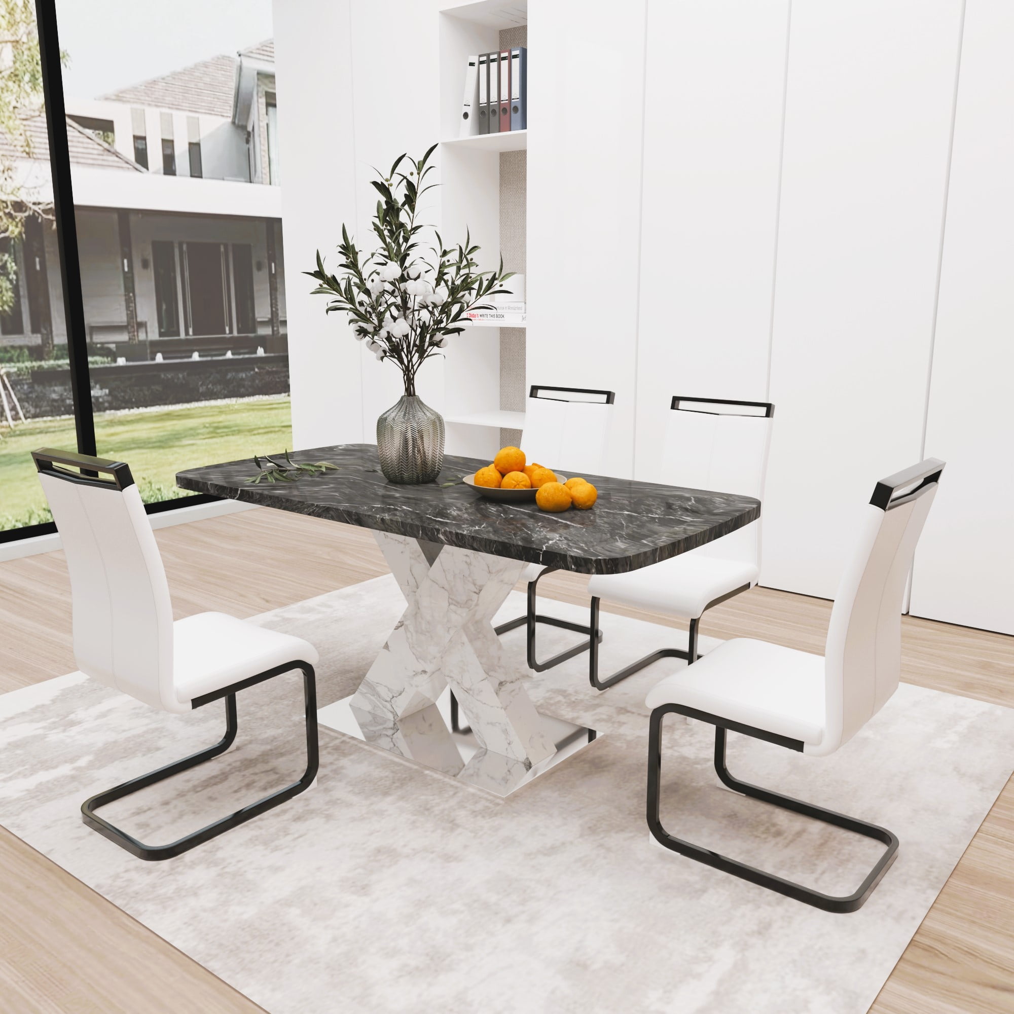 Sumdeal 47"-63"Retractable Faux Marble Dining Room Table sets for 4,Black top Table and 4 White ...