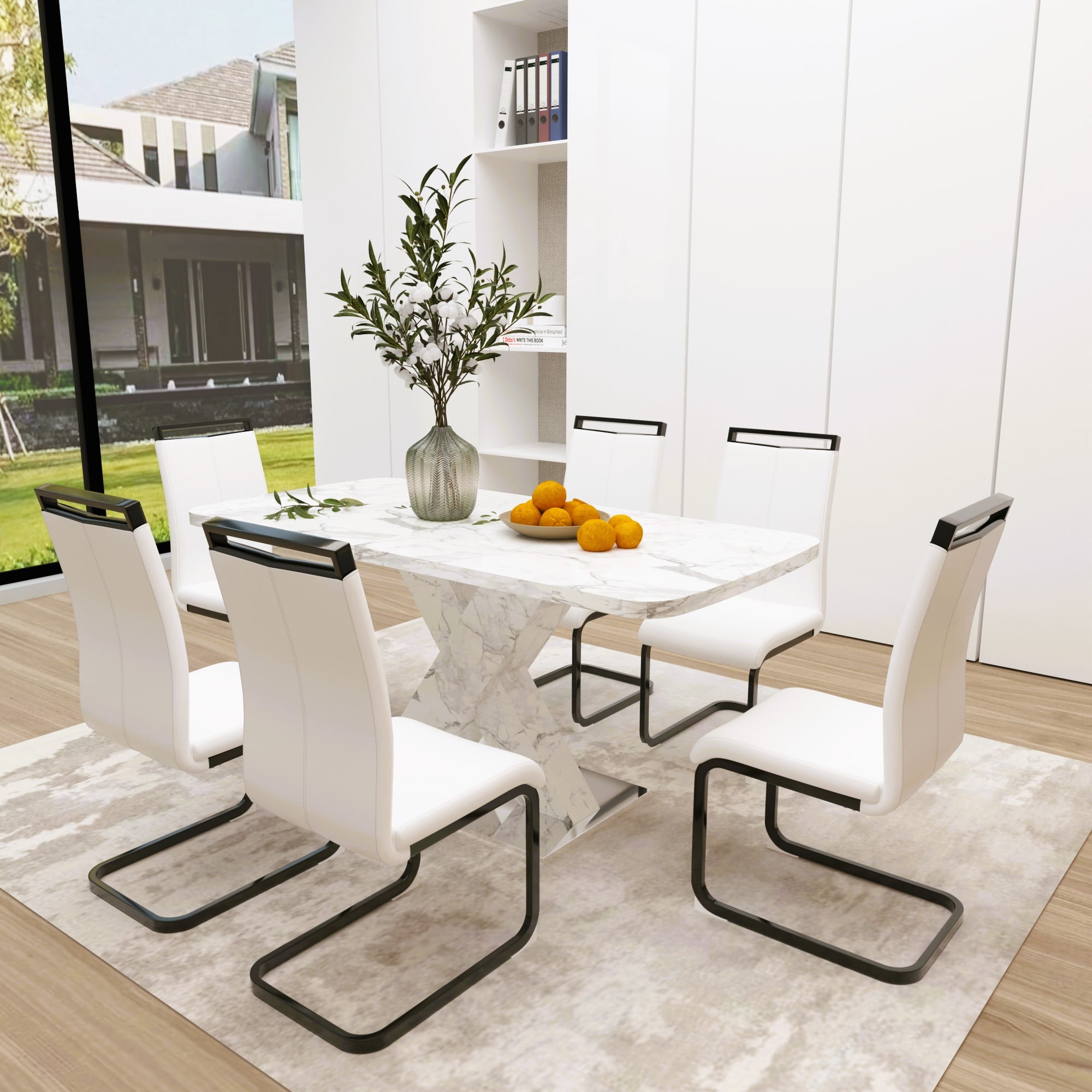 Sumdeal 47"-63"Retractable Faux Marble Dining Room Table sets for 6 ...