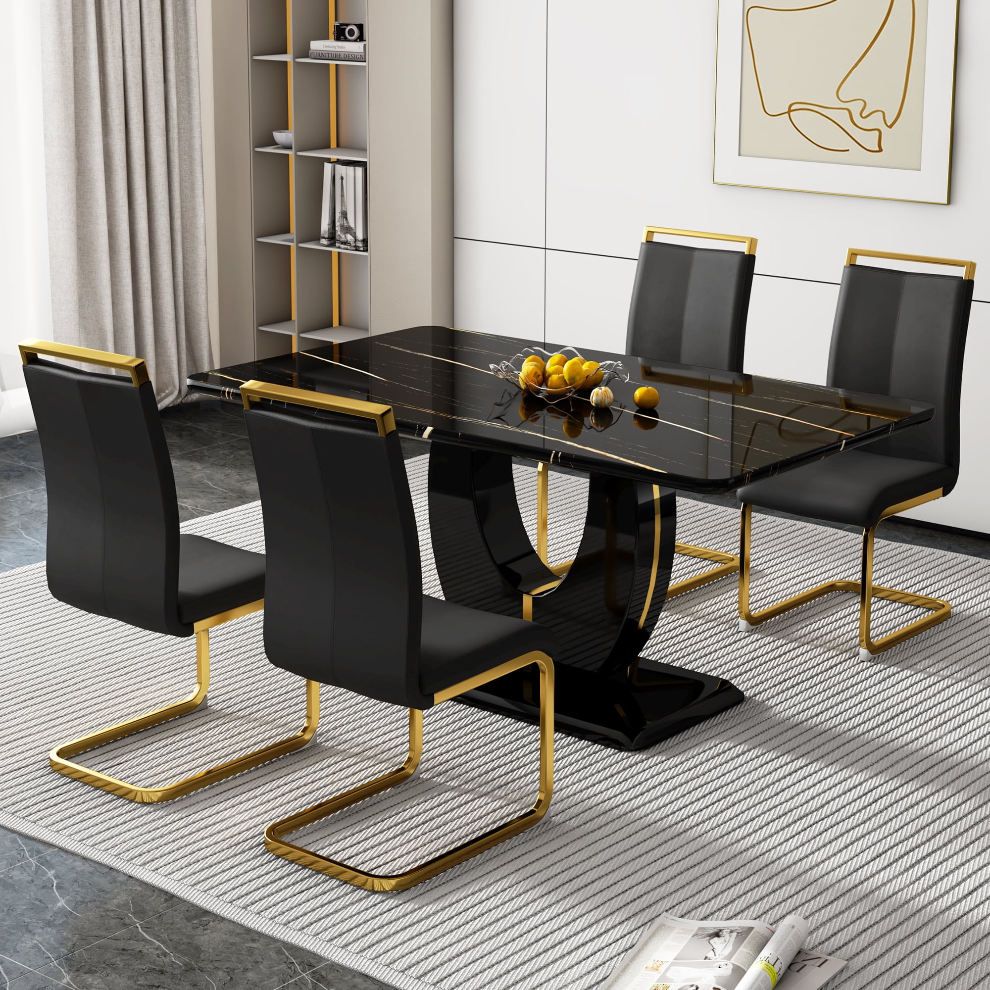 "Sumdeal 5 Piece Modern Black Dining Table Set, 63"" Faux Marble Top ...