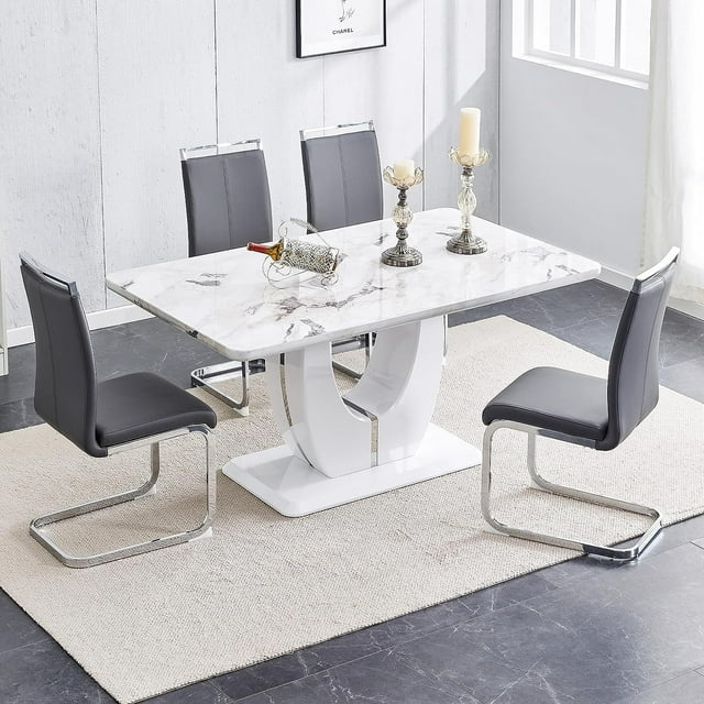 "Sumdeal Modern 63"" Faux Marble Kitchen Dining Table and 4 High Back ...