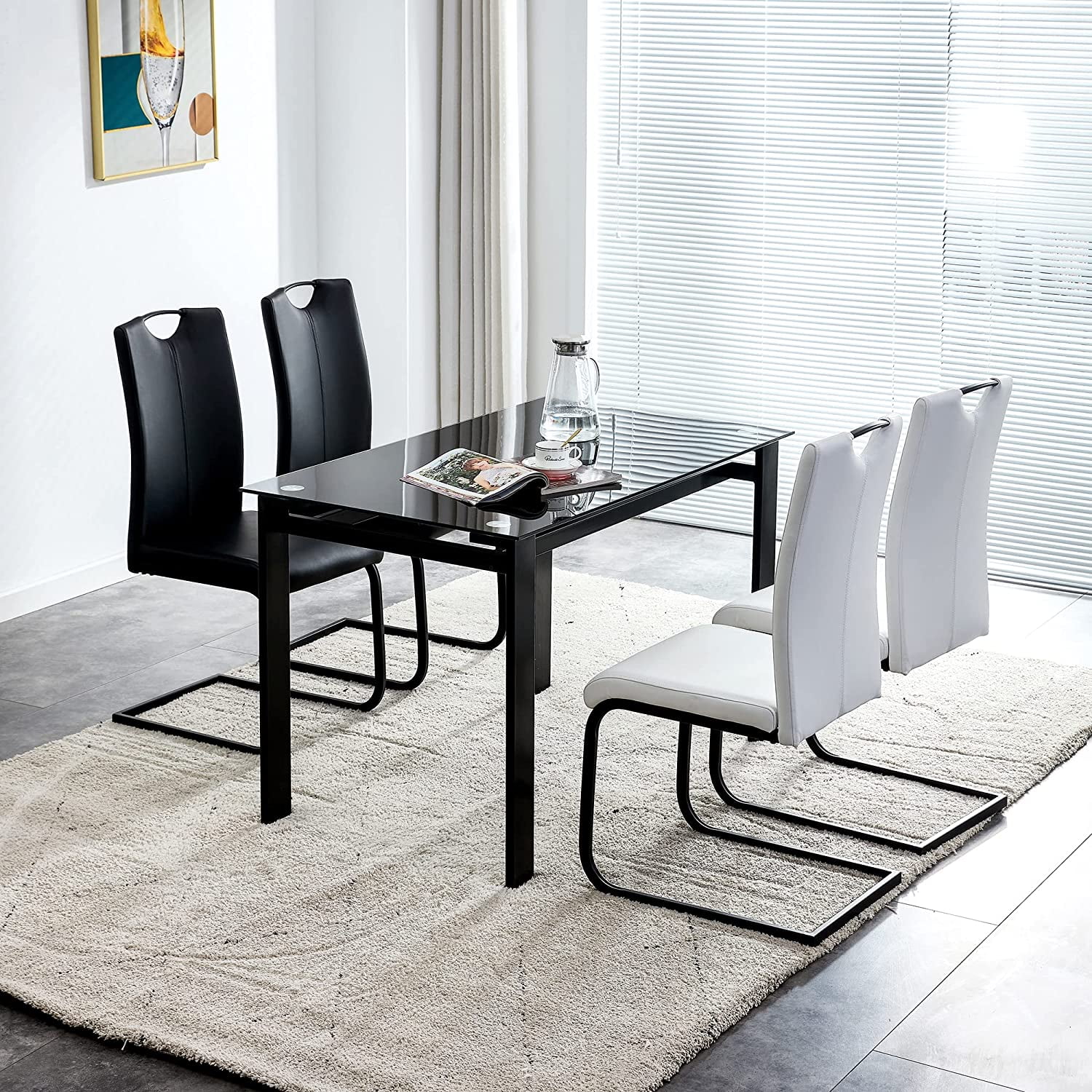 Sumdeal 52'' Modern Rectangle Black Glass Dining Table Sets for 4 ...