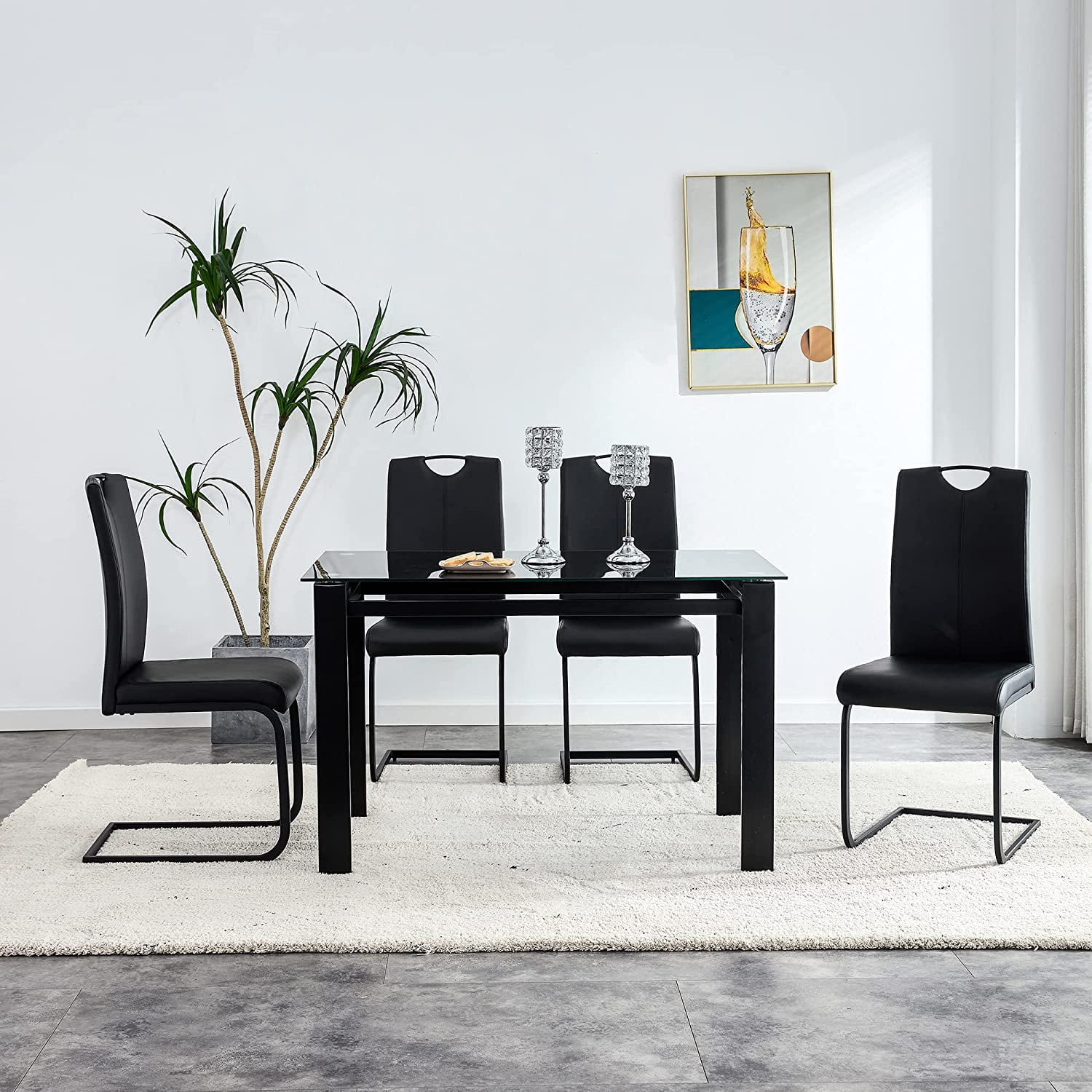 Sumdeal Modern 52'' Black Glass Dinette Kitchen Table Set for 4 ...