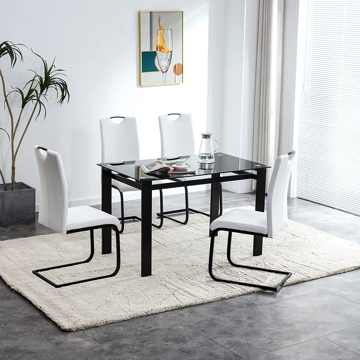 Sumdeal 52'' Modern Rectangle Black Glass Dining Table Sets for 4 ...