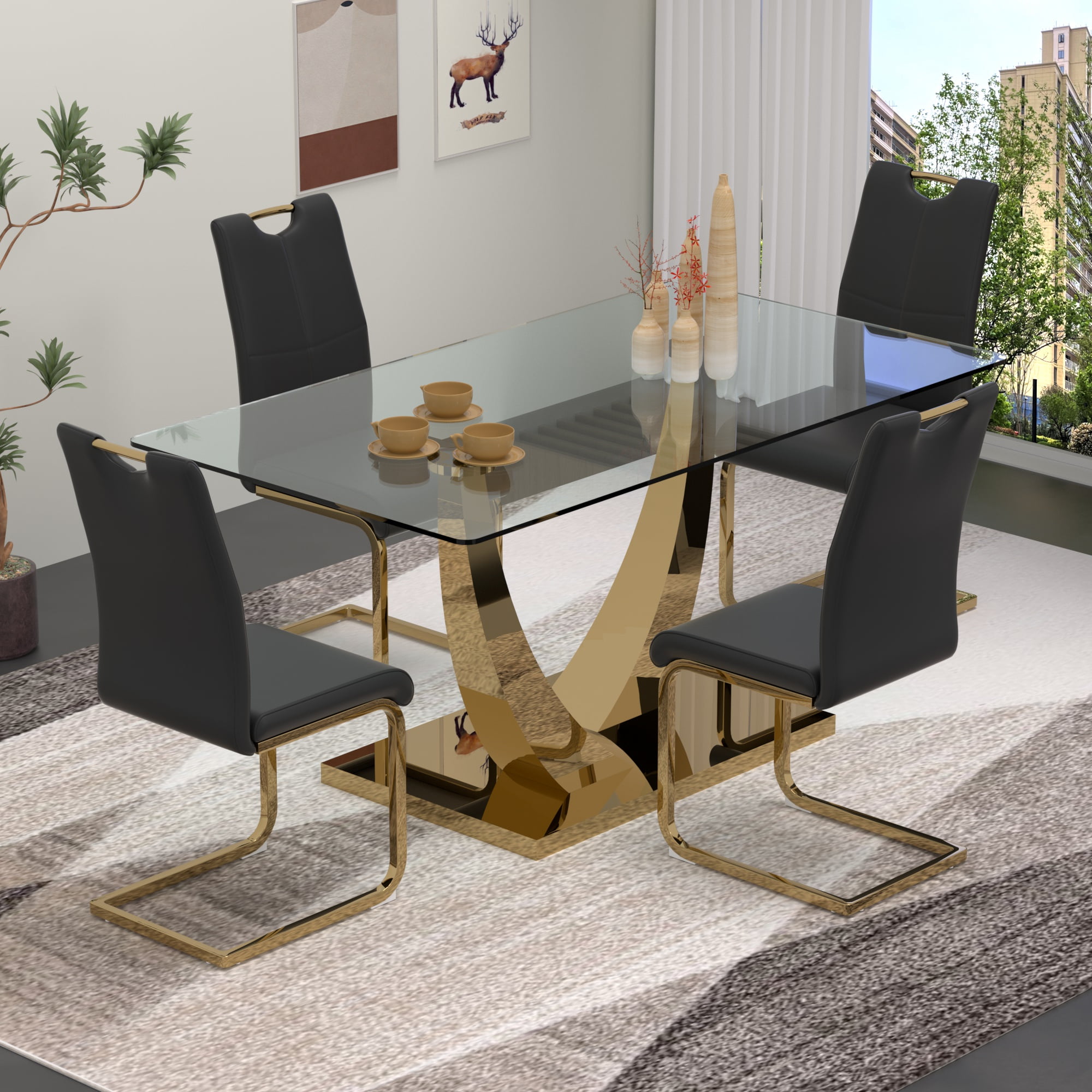 Sumdeal 63" Glass Dining Table Set for 4,Gold Dining Room Table Set for ...