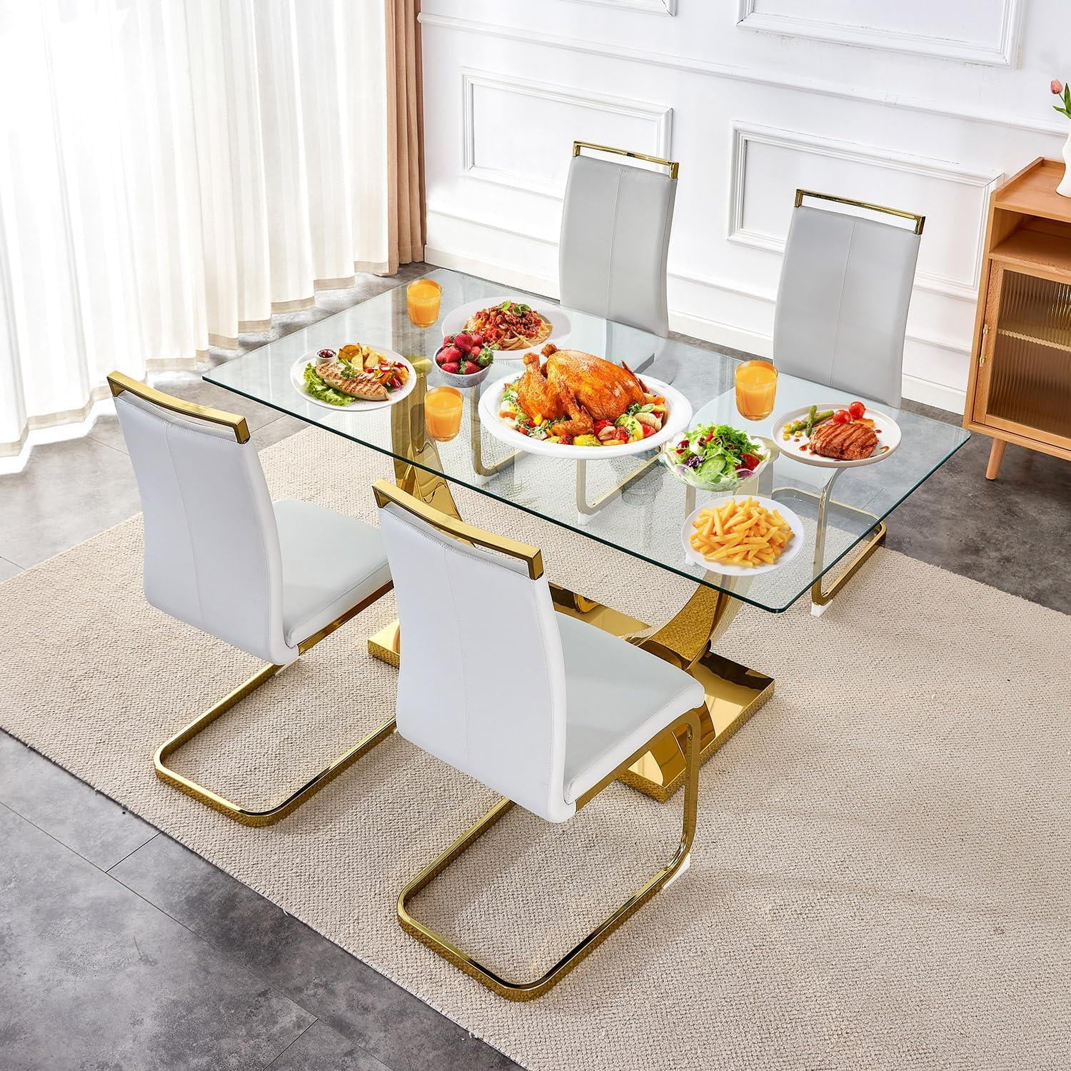 Sumdeal 63" Glass Dining Table Set for 4,Modern Dining Room Table Set ...