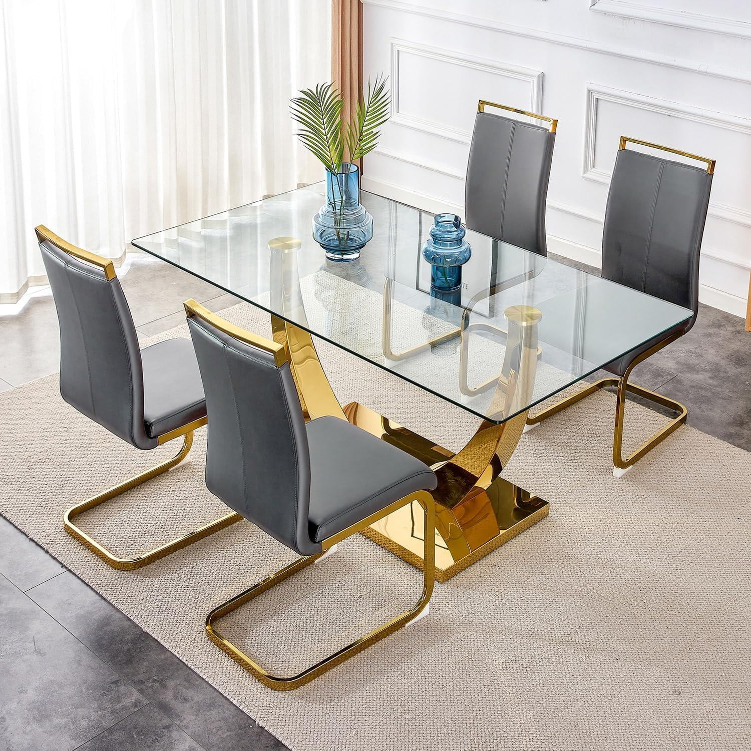 Sumdeal 63" Glass Dining Table Set for 4,Modern Dining Room Table Set ...
