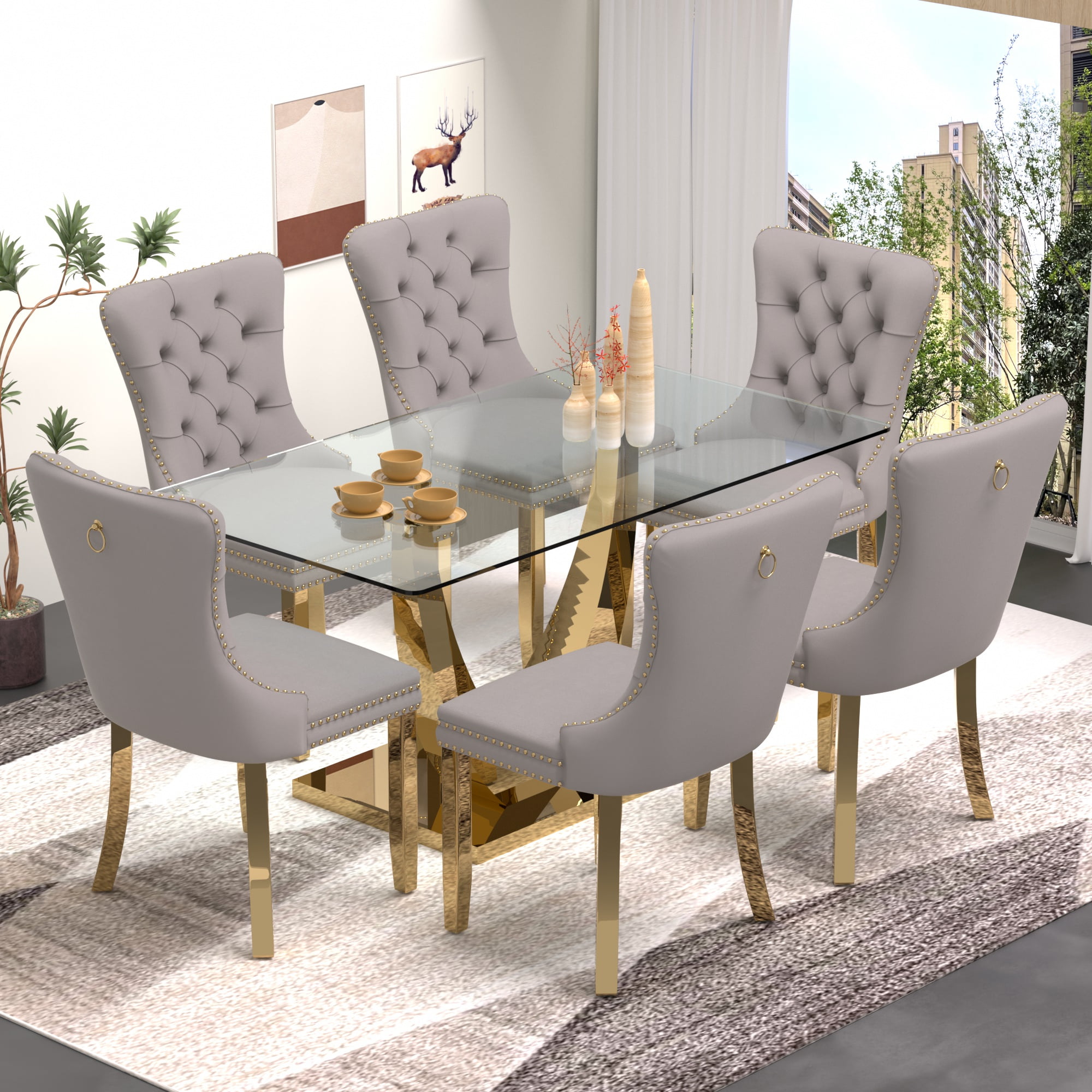 Sumdeal 63" Glass Dining Table Set for 6,Gold Dining Room Table Set for ...