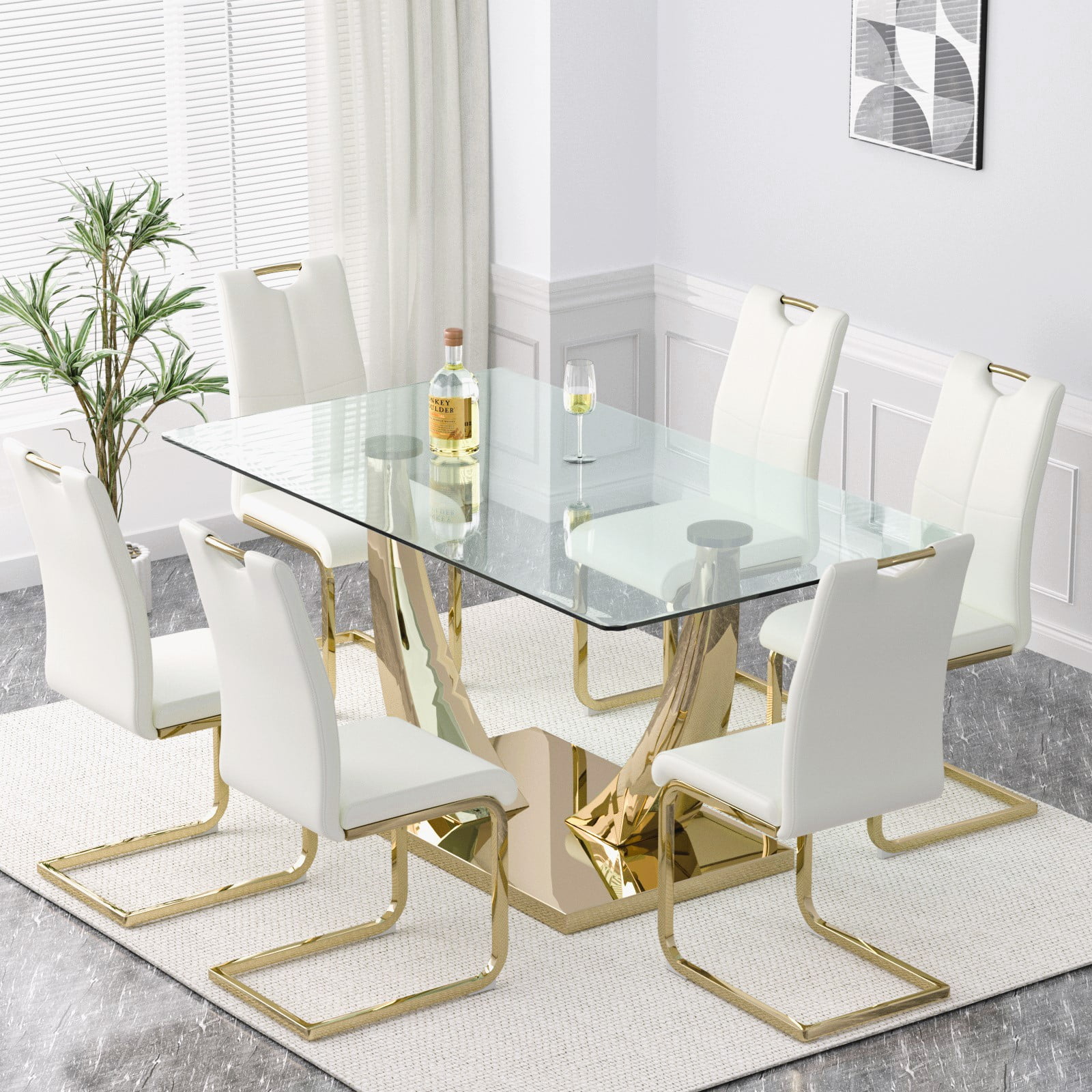 Sumdeal 63" Glass Dining Table Set for 6,Gold Dining Room Table Set for ...