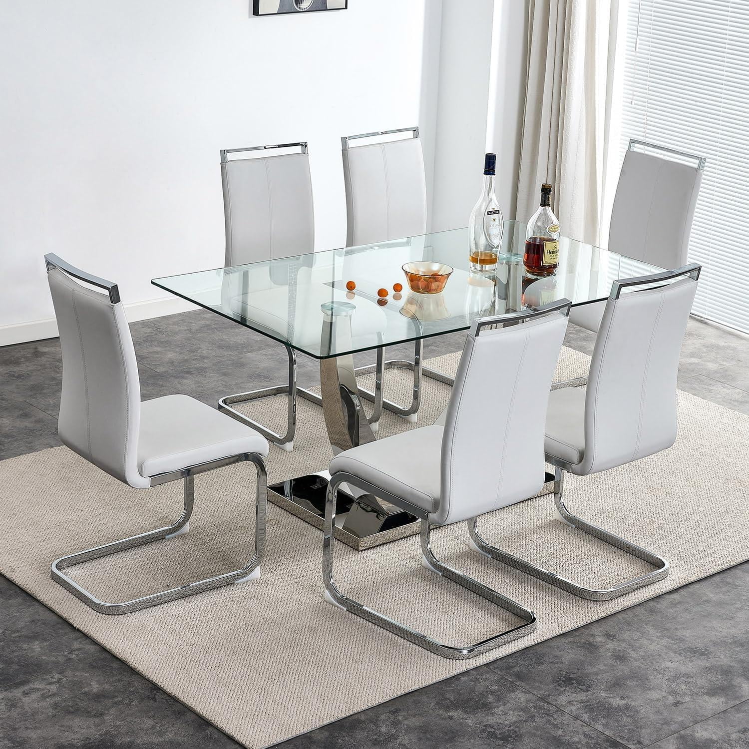 Sumdeal 63" Glass Dining Table Set for 6,Modern Dining Room Table Set ...