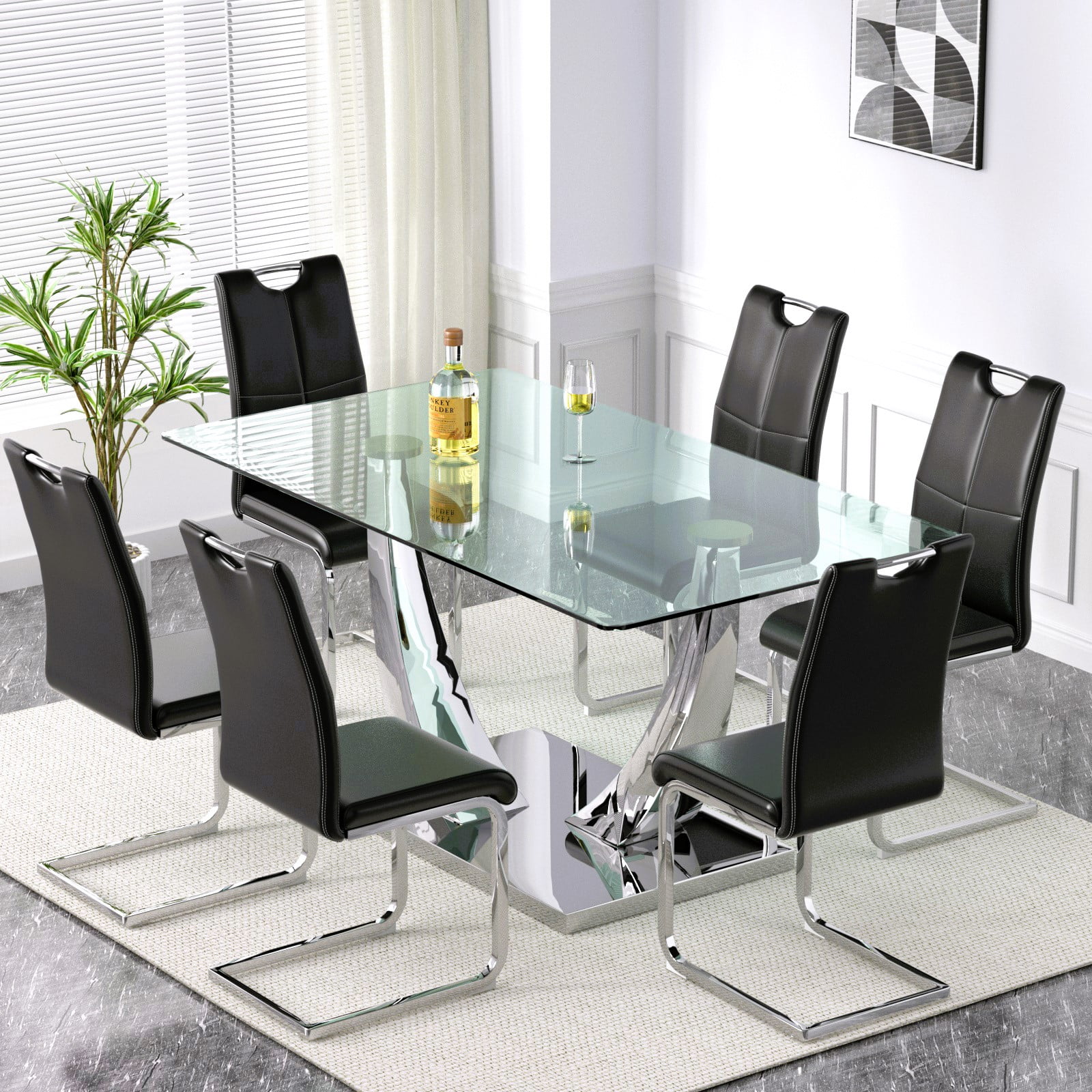 Sumdeal 63" Glass Dining Table Set for 6,Silver Dining Room Table Set ...