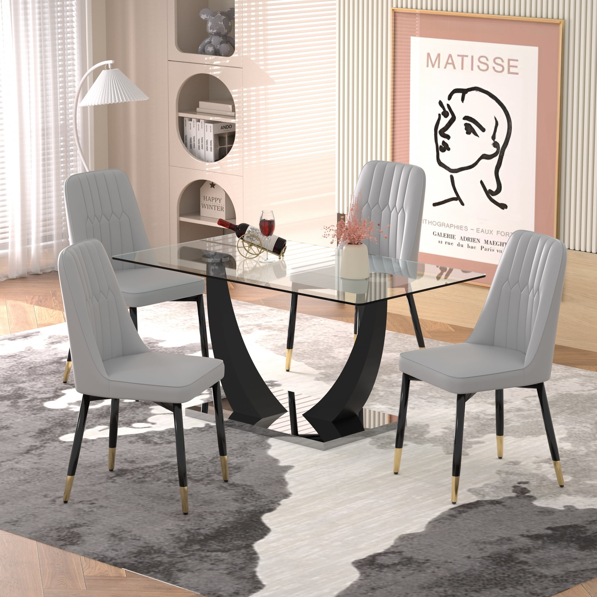 Sumdeal 63" Glass Dining Table Set for 4,Black Base Dining Room Table ...