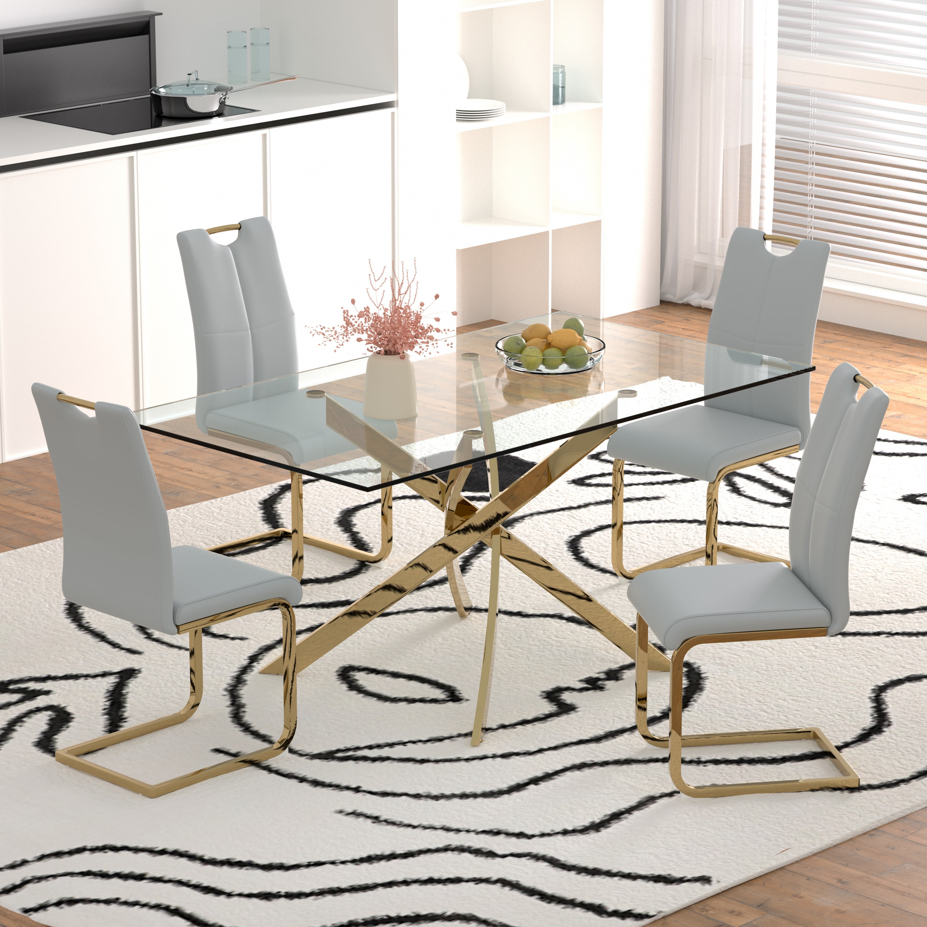 Sumdeal 63" Glass Dining Table Set for 4,Golden Base Dining Room Table ...