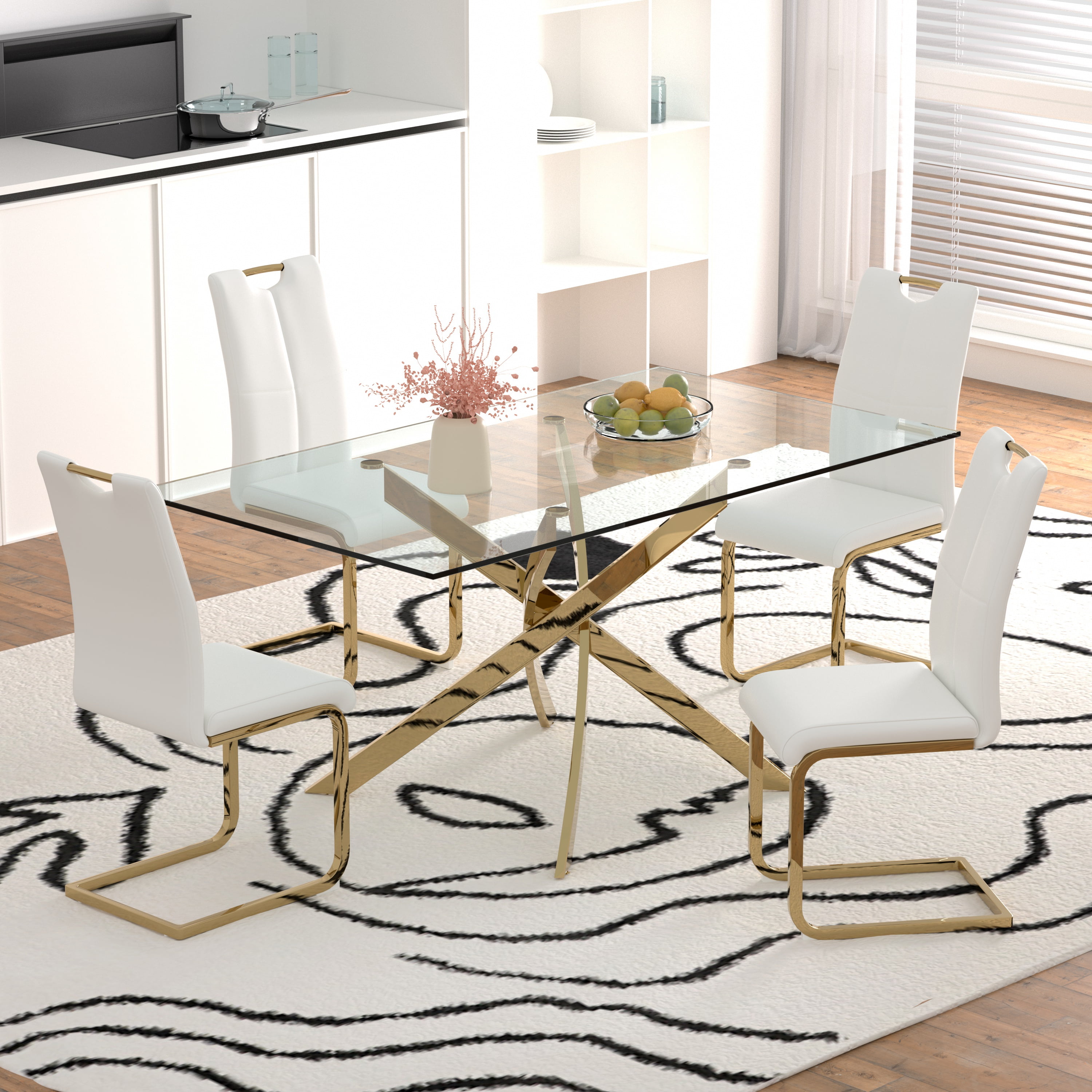 Sumdeal 63" Glass Dining Table Set for 4,Golden Base Dining Room Table ...