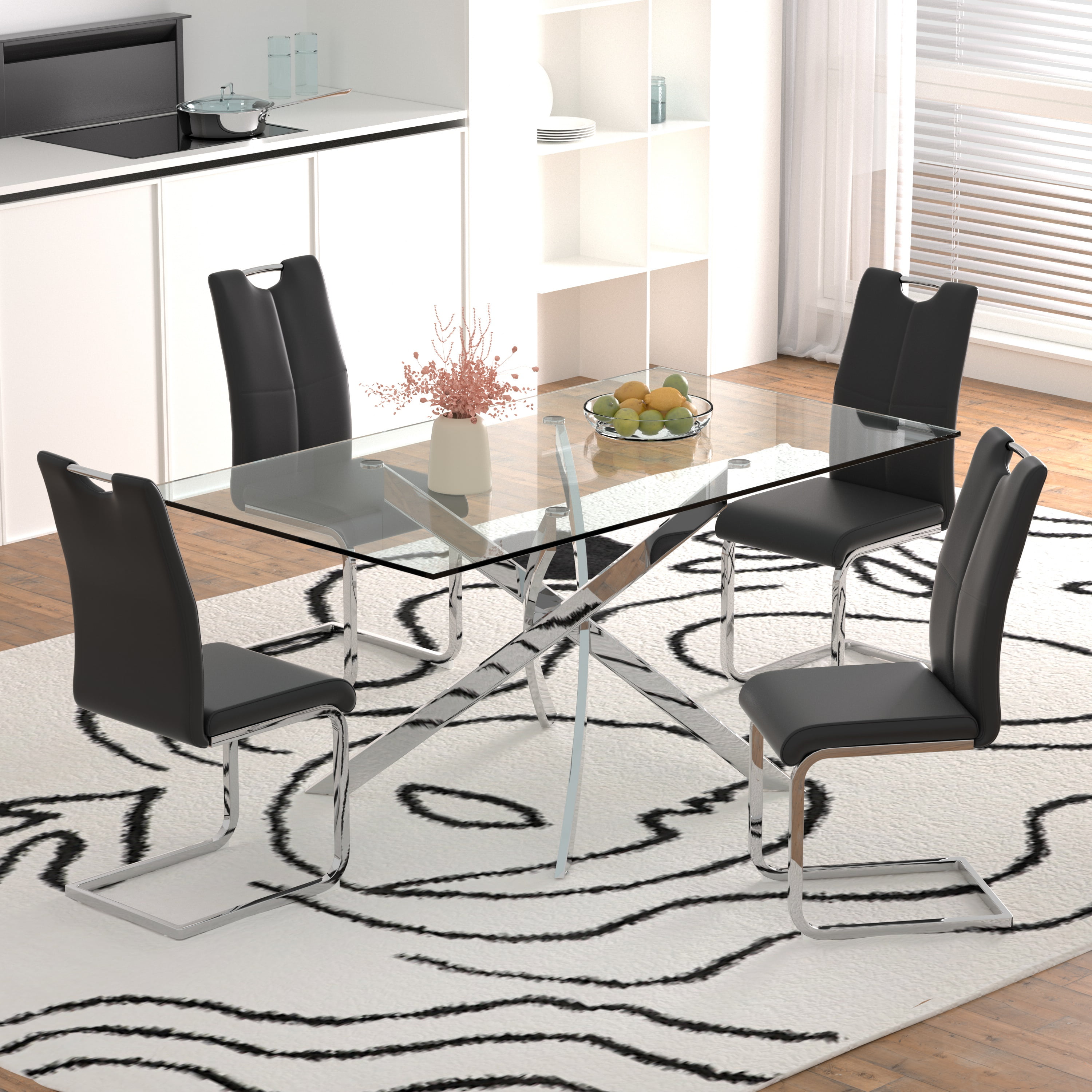 Sumdeal 63" Glass Dining Table Set for 4,Silver Base Dining Room Table ...