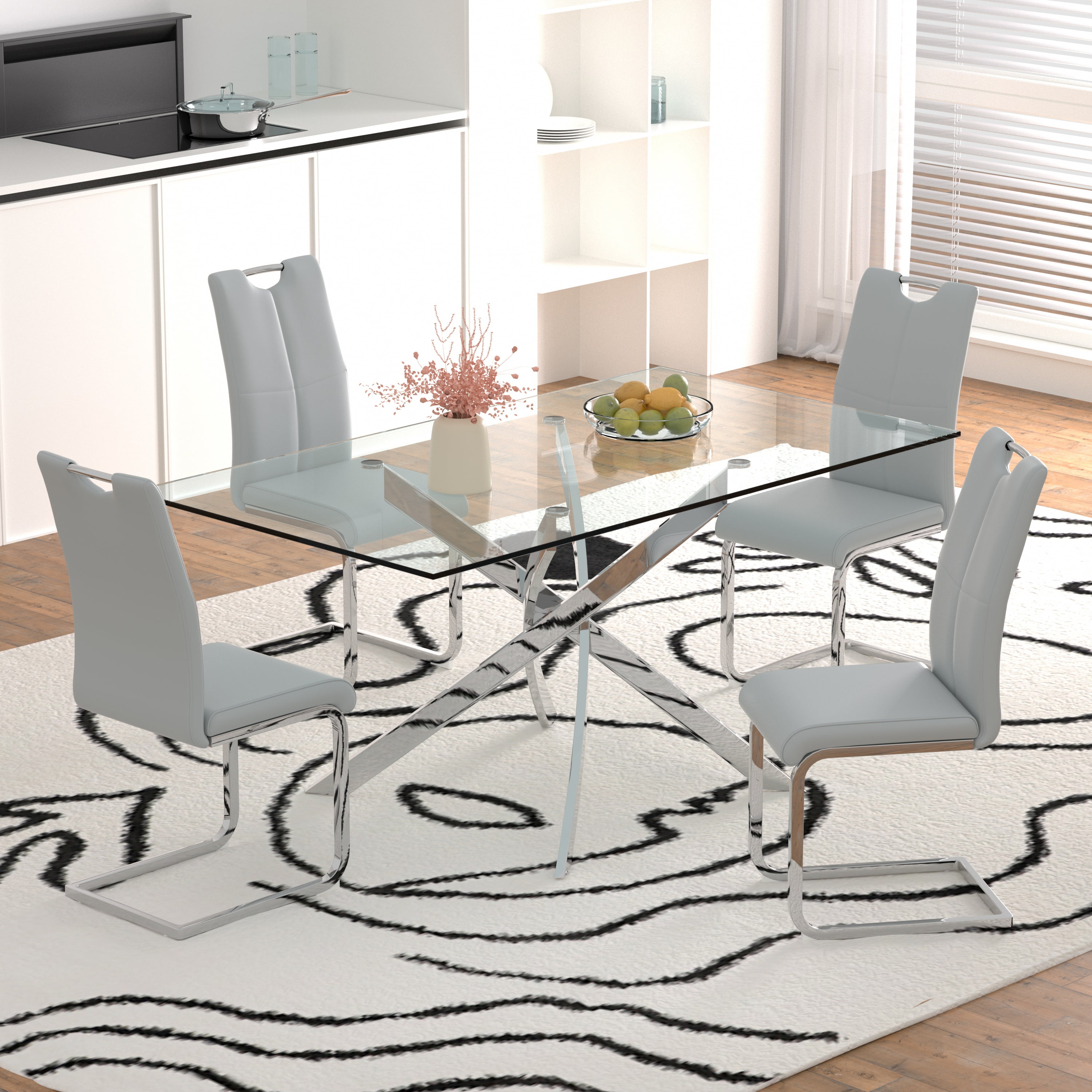 Sumdeal 63" Glass Dining Table Set for 4,Silver Base Dining Room Table ...
