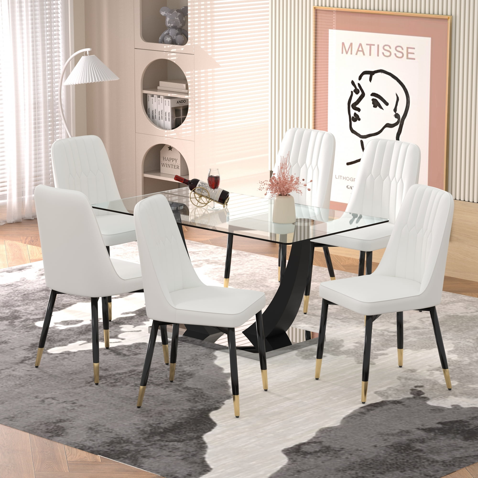 Sumdeal 63" Glass Dining Table Set for 6,Black Base Dining Room Table ...