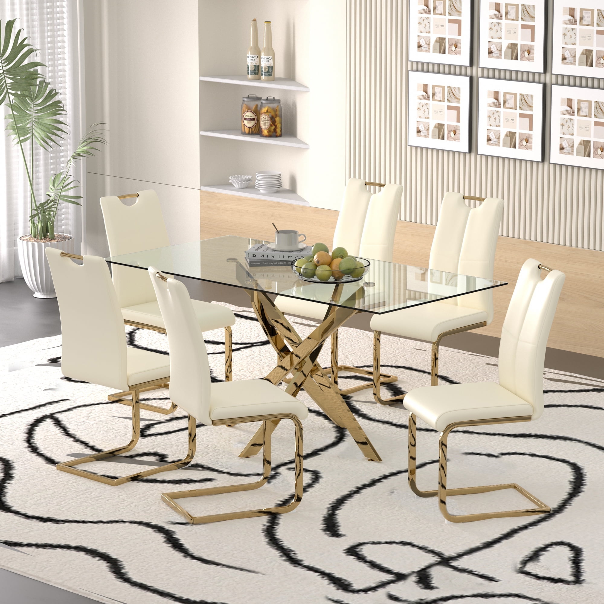 Sumdeal 63" Glass Dining Table Set for 6,Gold Base Dining Room Table ...