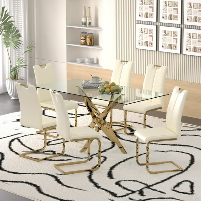 Sumdeal 63" Glass Dining Table Set for 6,Gold Base Dining Room Table ...