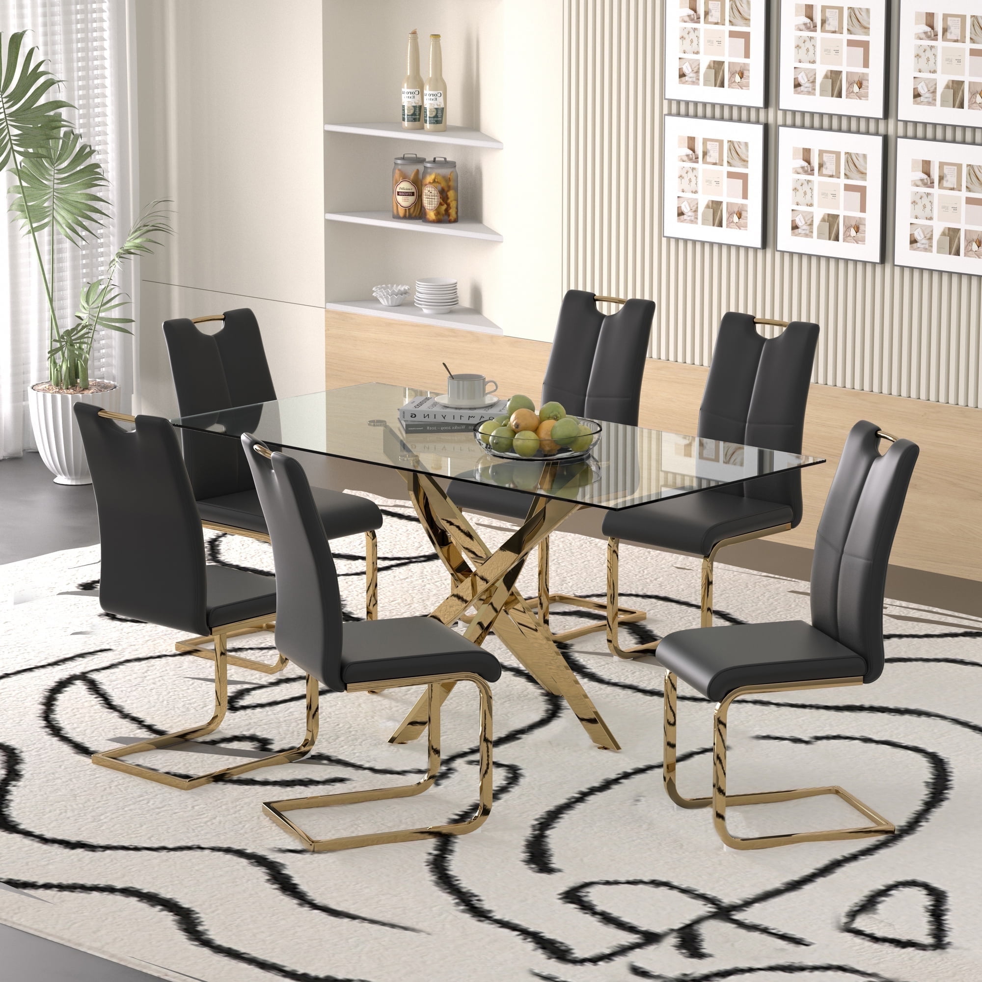 Sumdeal 63" Glass Dining Table Set for 6,Gold Base Dining Room Table ...