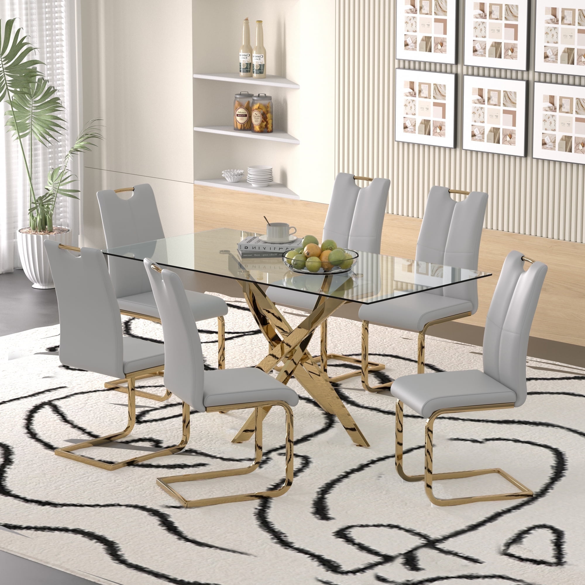 Sumdeal 63" Glass Dining Table Set for 6,Gold Base Dining Room Table ...