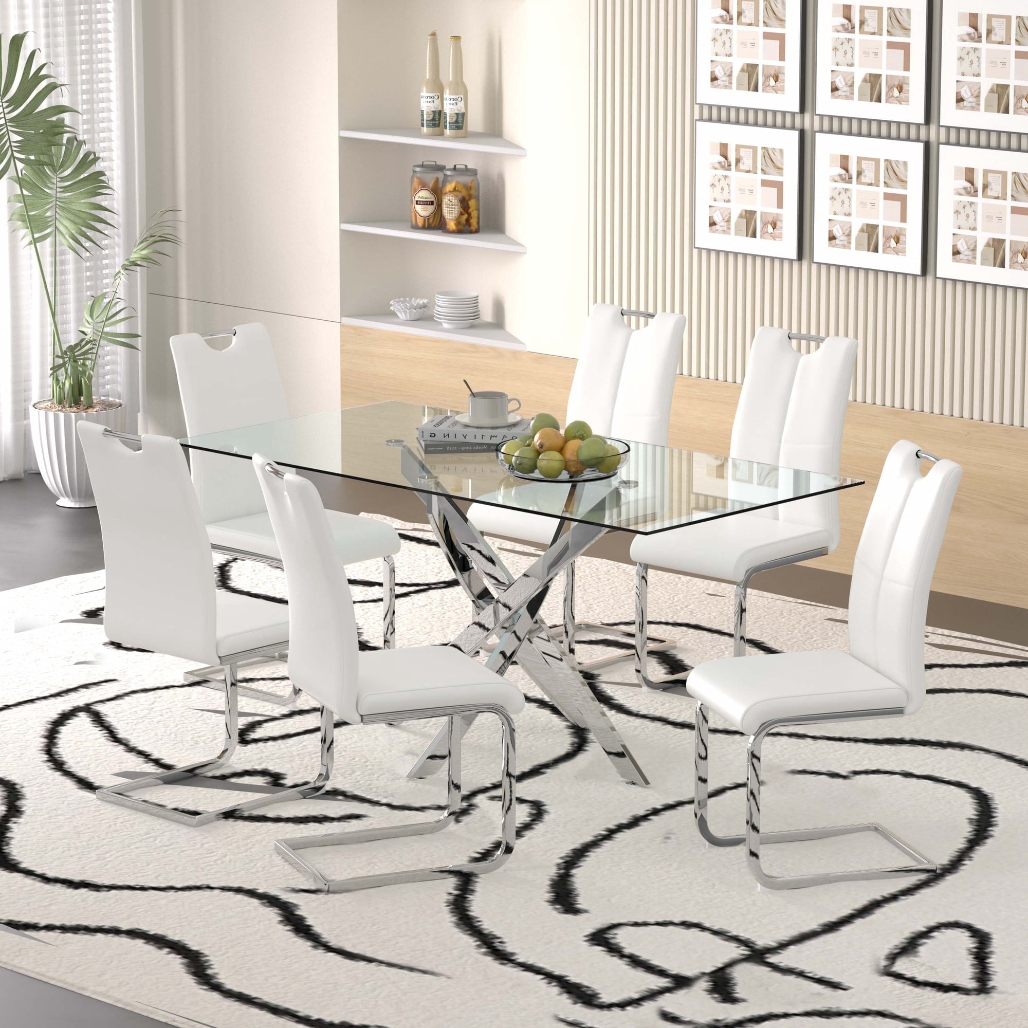 Sumdeal 63" Glass Dining Table Set for 6,Silver Base Dining Room Table ...