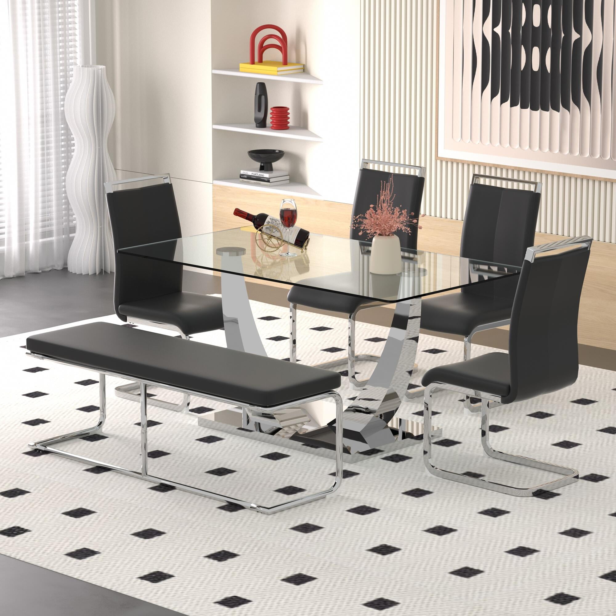 Sumdeal 63" Glass Dining Table with 4 chairs and one Bench,Black ...