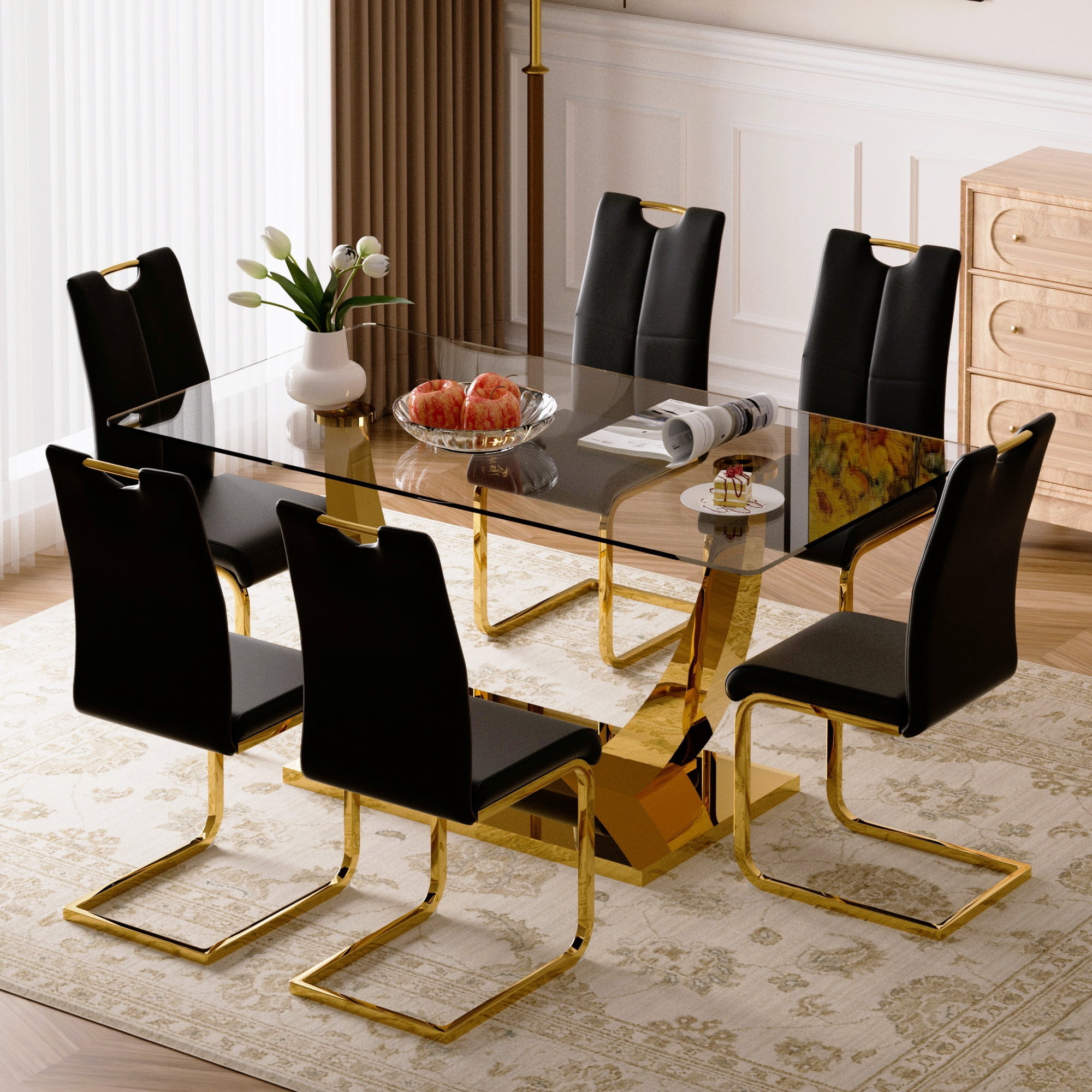 Sumdeal 63" Glass Dining Table with PU leather C-shape Metal Leg Chairs ...