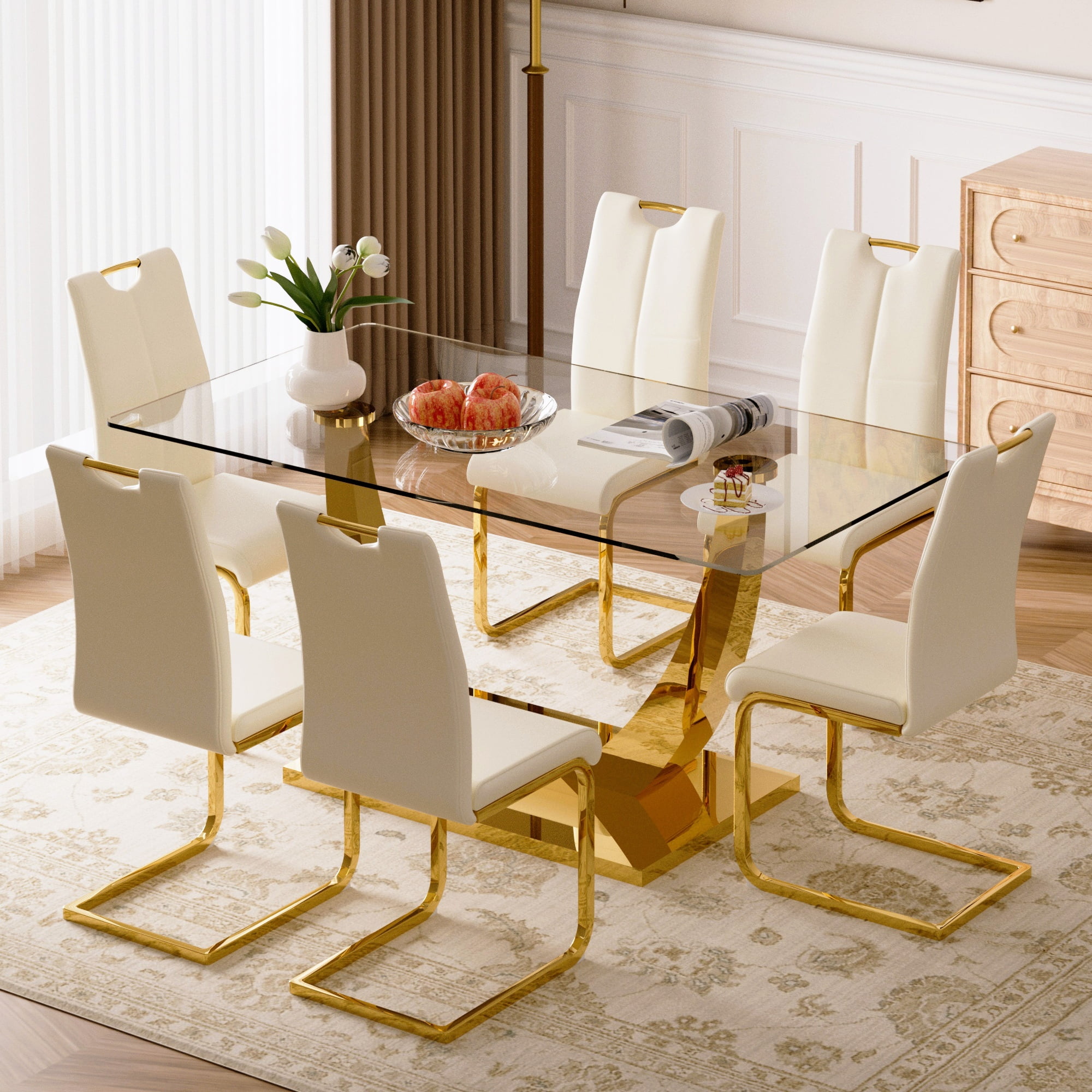 Sumdeal 63" Glass Dining Table with PU leather C-shape Metal Leg Chairs ...