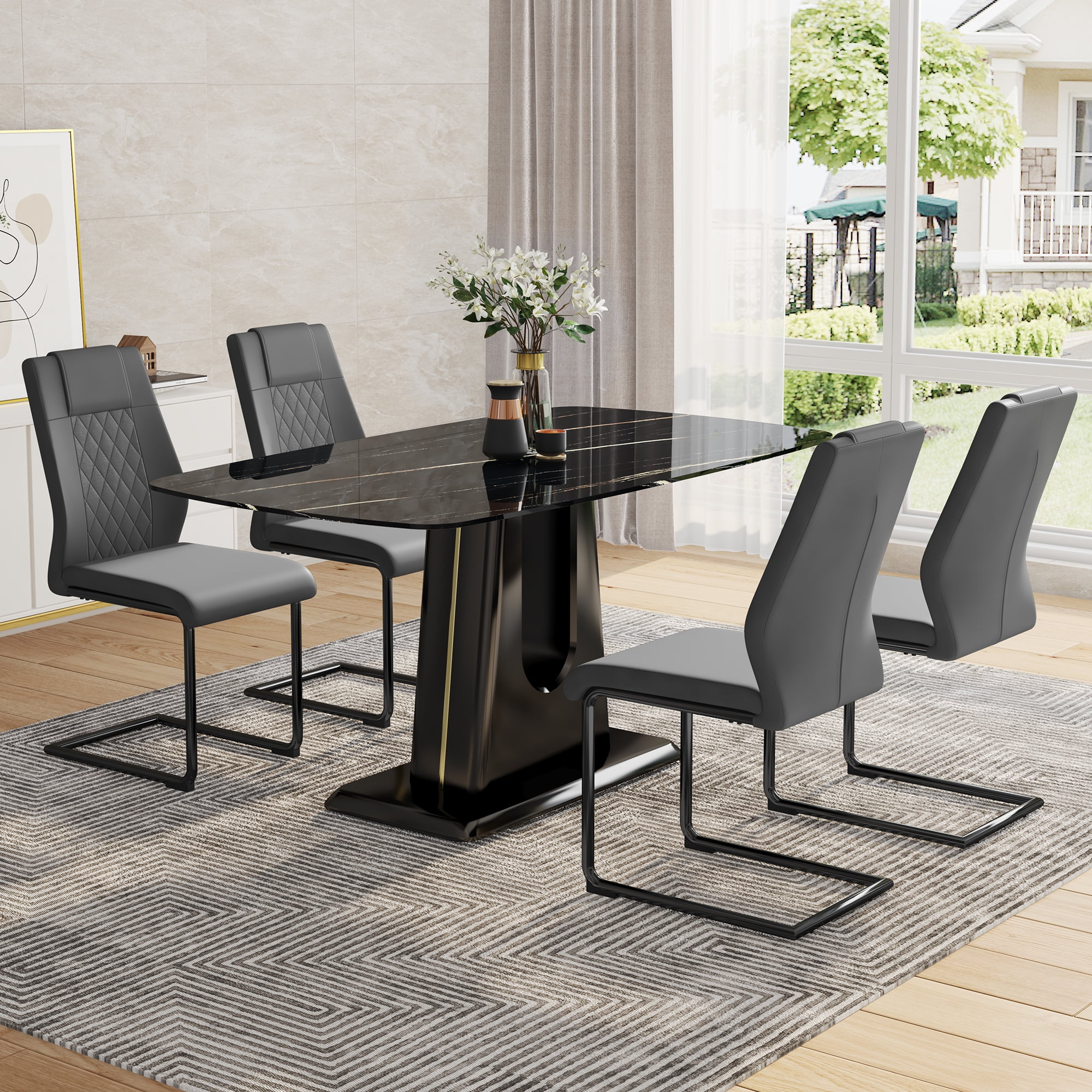 Sumdeal 63" Modern Dining Room Set for 4,Kitchen Table with 4 PU Chairs ...