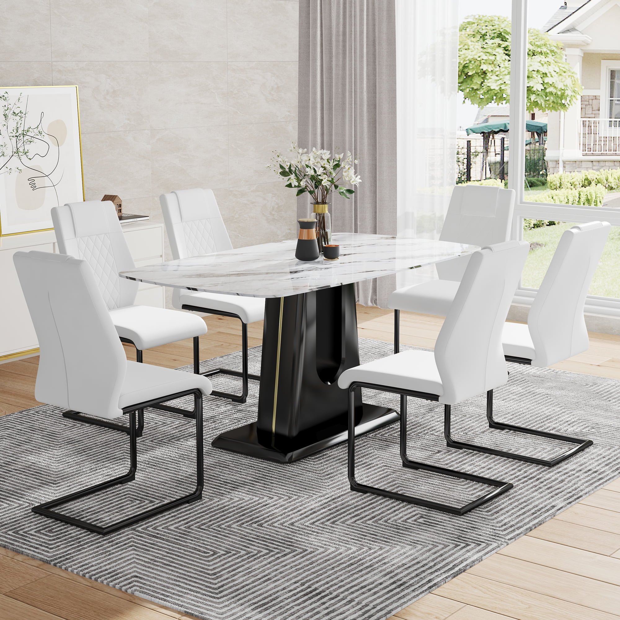Sumdeal 63" Modern Dining Room Set for 4,Kitchen Table with 4 PU Chairs ...