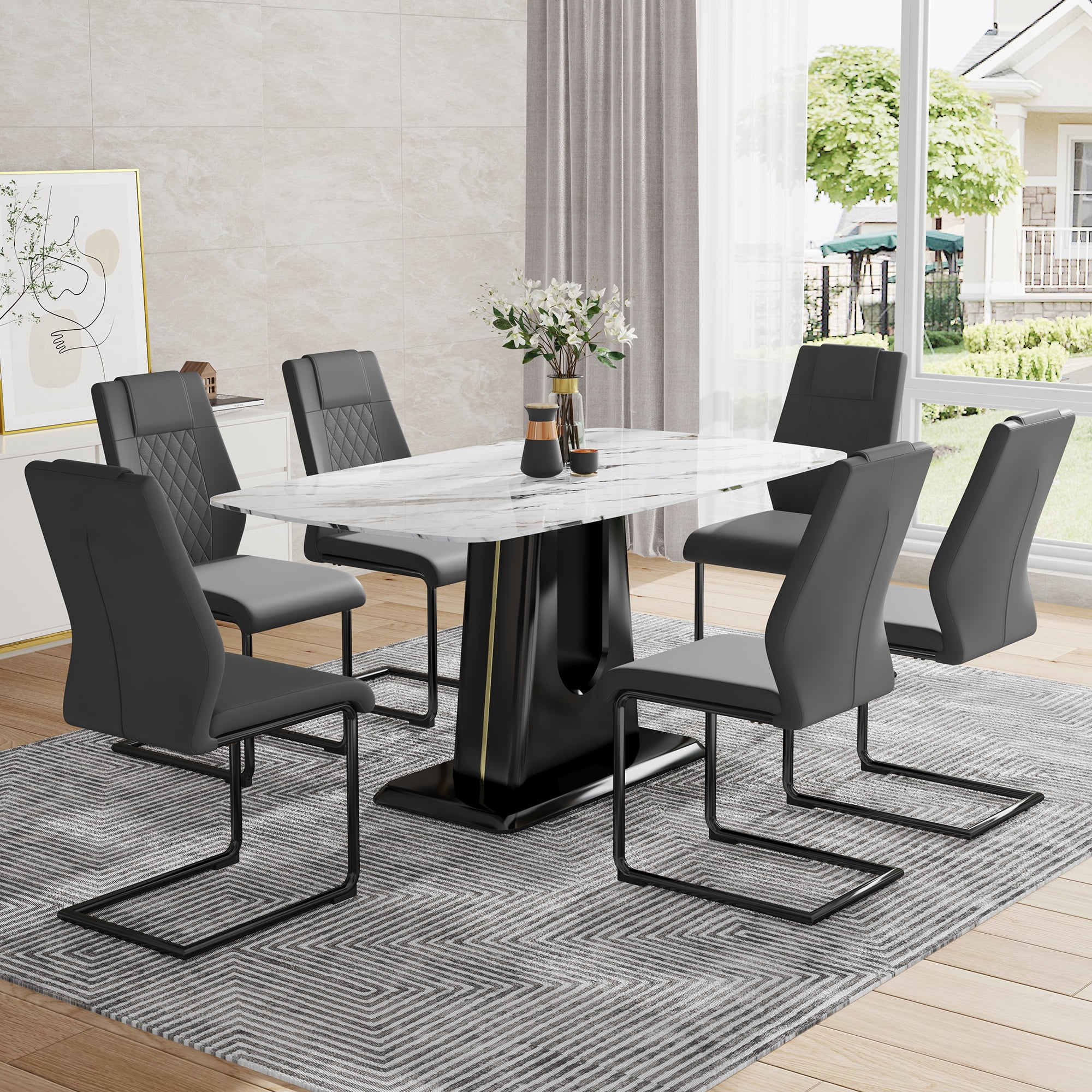 Sumdeal 63" Modern Dining Room Set for 6,Kitchen Table with 6 PU Chairs ...