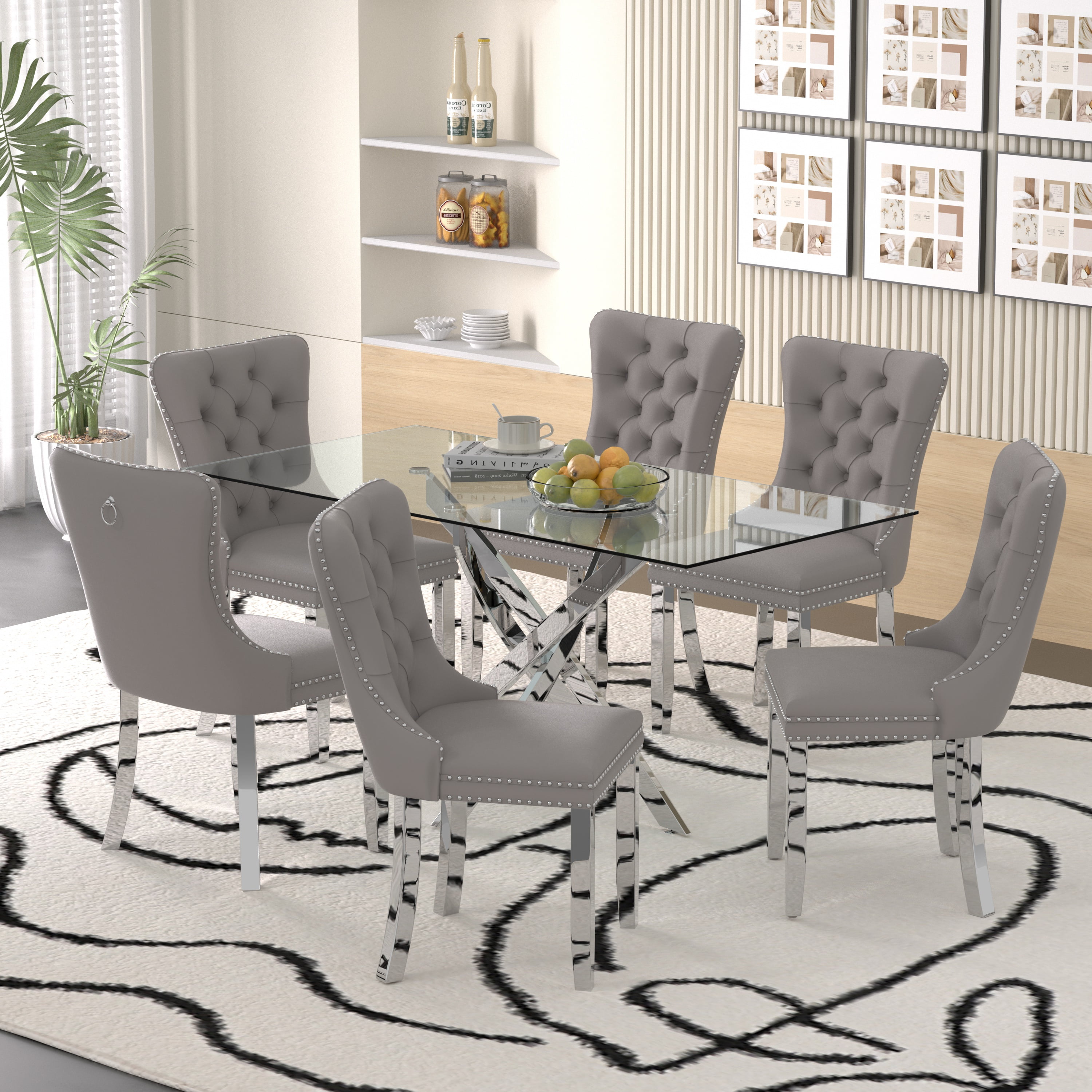 Sumdeal 63" Modern Glass Dining Table Room Sets for 6,Dining Table with ...