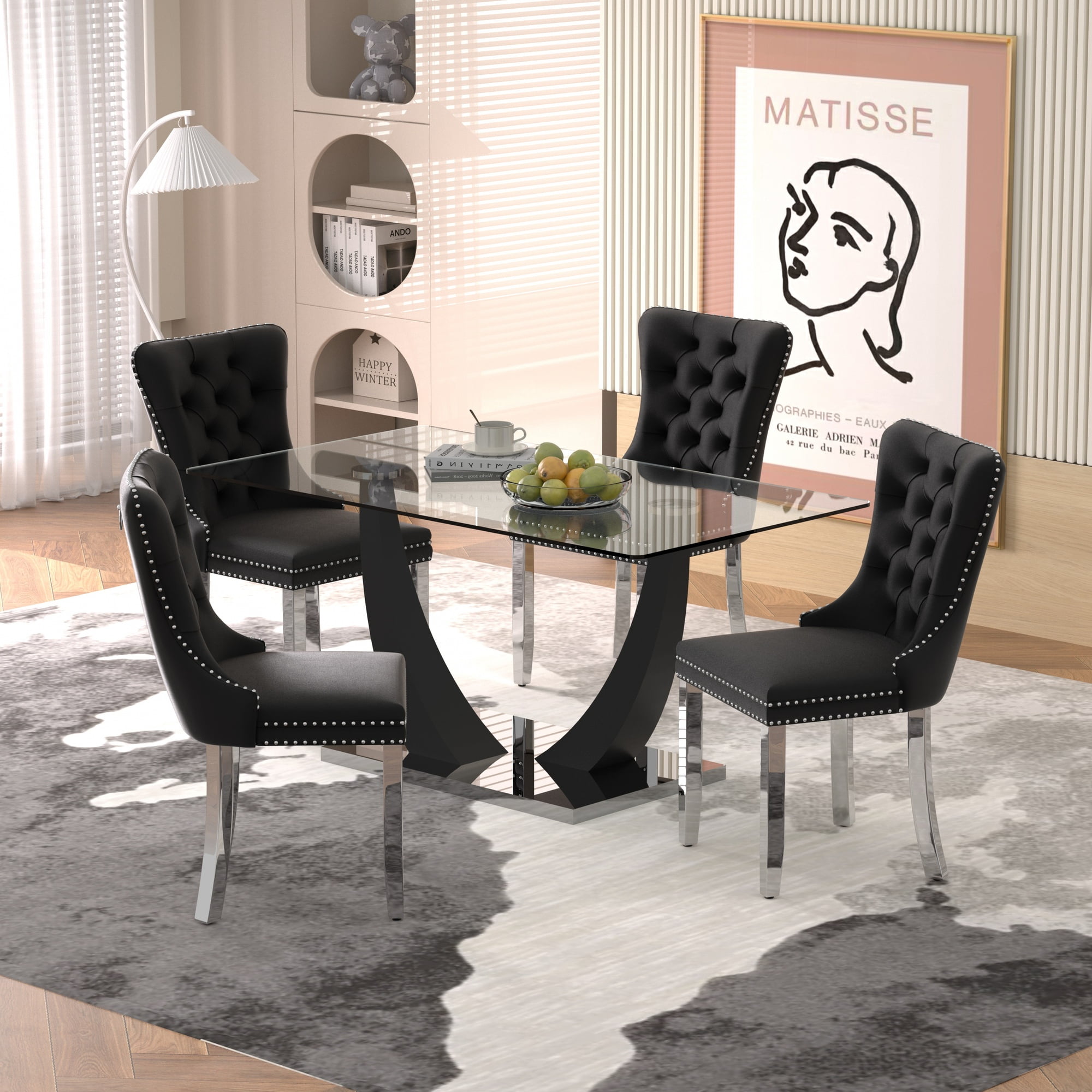 Sumdeal 63" Modern Glass Dining Table and 4 Velvet Upholstered Chairs ...