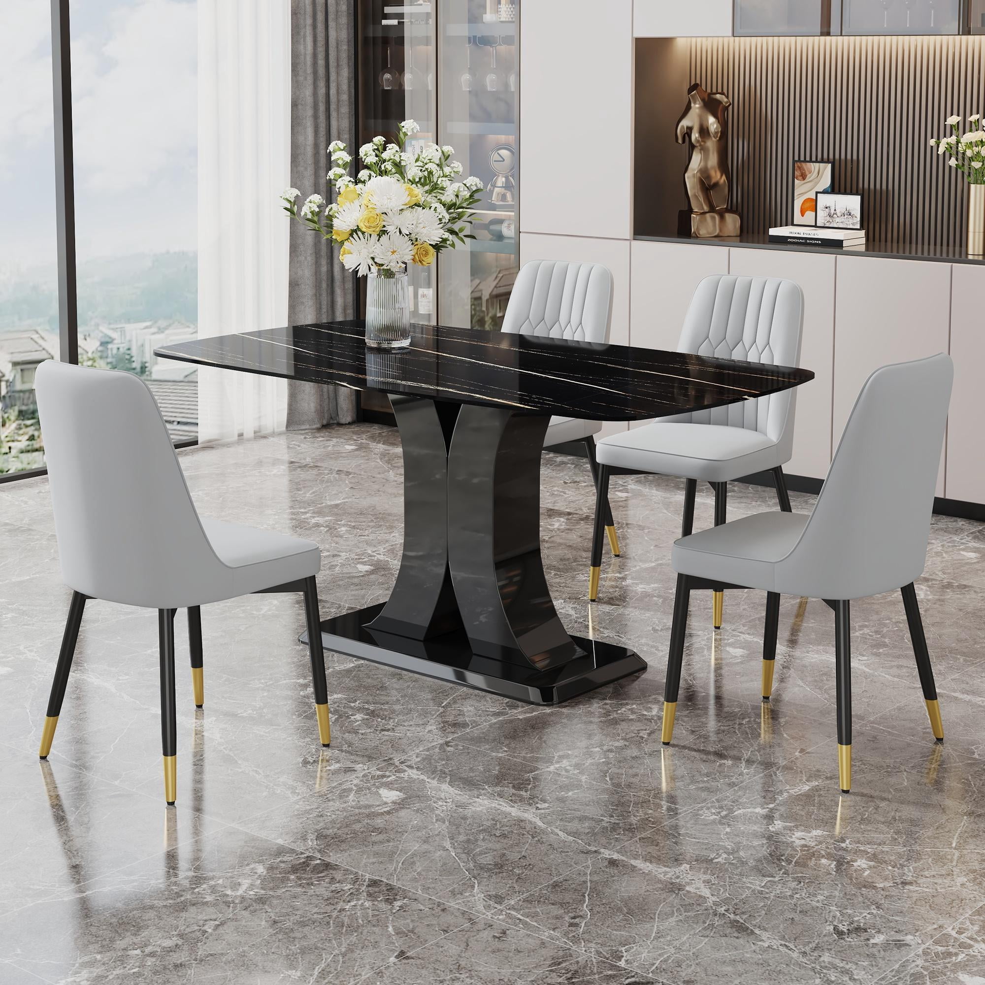 Sumdeal 63 Morden Faux Black Marble Dining Room Table Set Big Kitchen