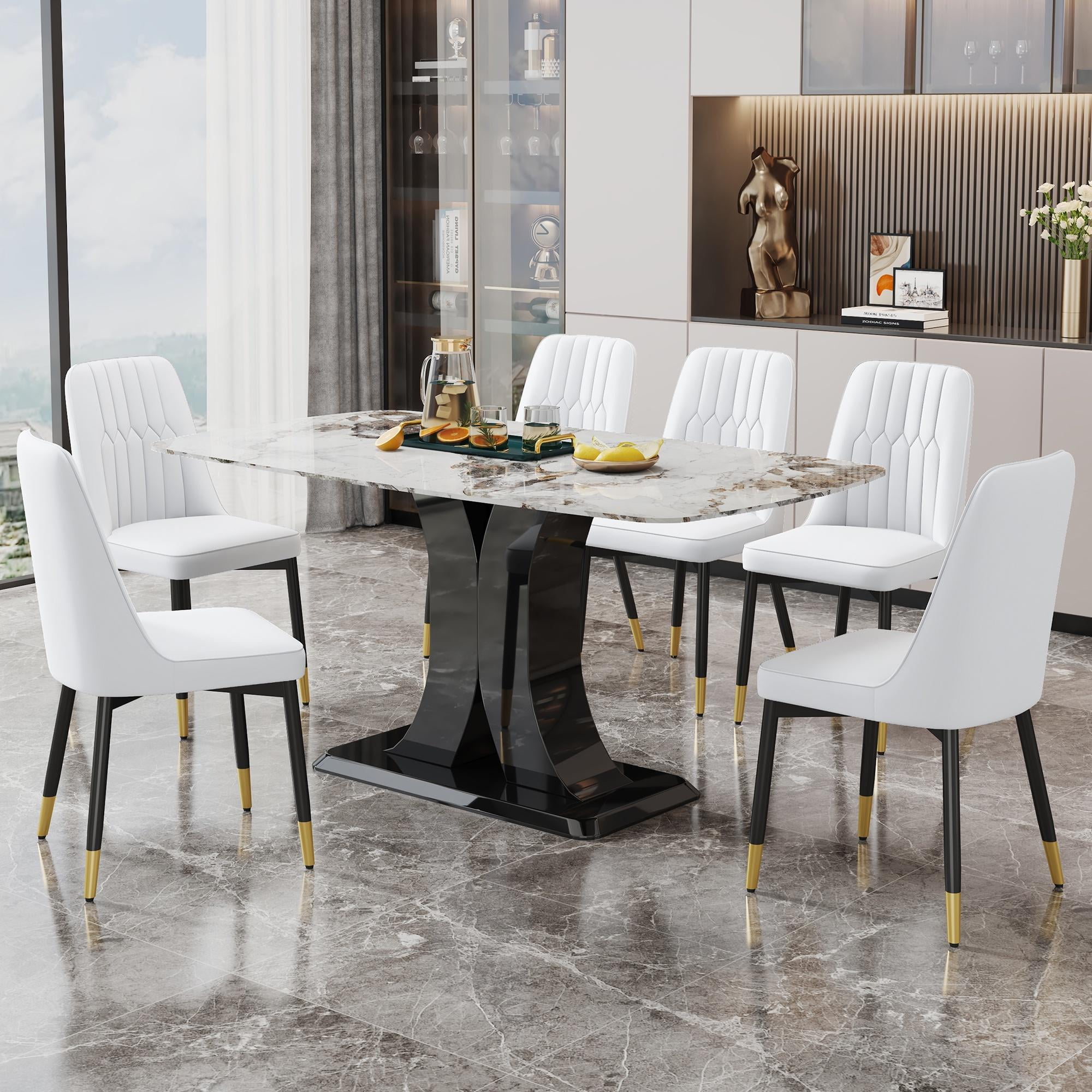 Sumdeal 63" Morden Faux Black Marble Dining Room Table Set,Big Kitchen ...