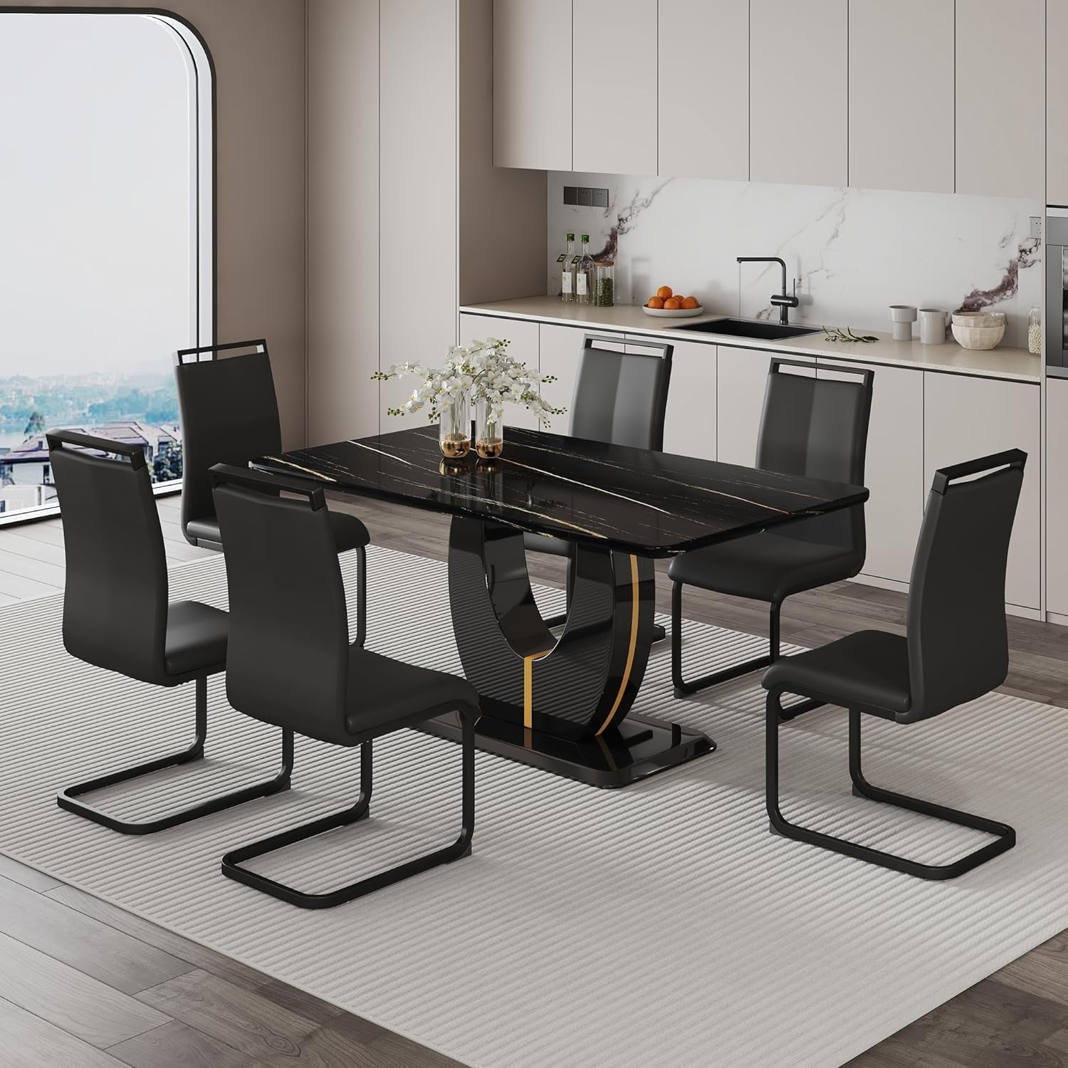 "Sumdeal Modern 63"" Indoor Dining Room Table Set with Six Faux Marble ...