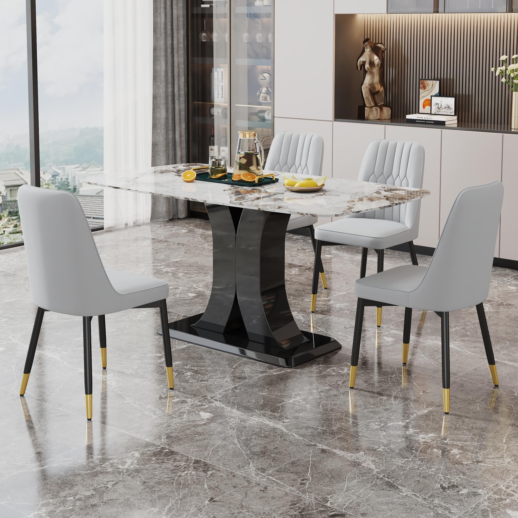 Sumdeal 63" Morden Faux White Marble Dining Room Table Set,Big Kitchen Dining Table for 6-8 with ...