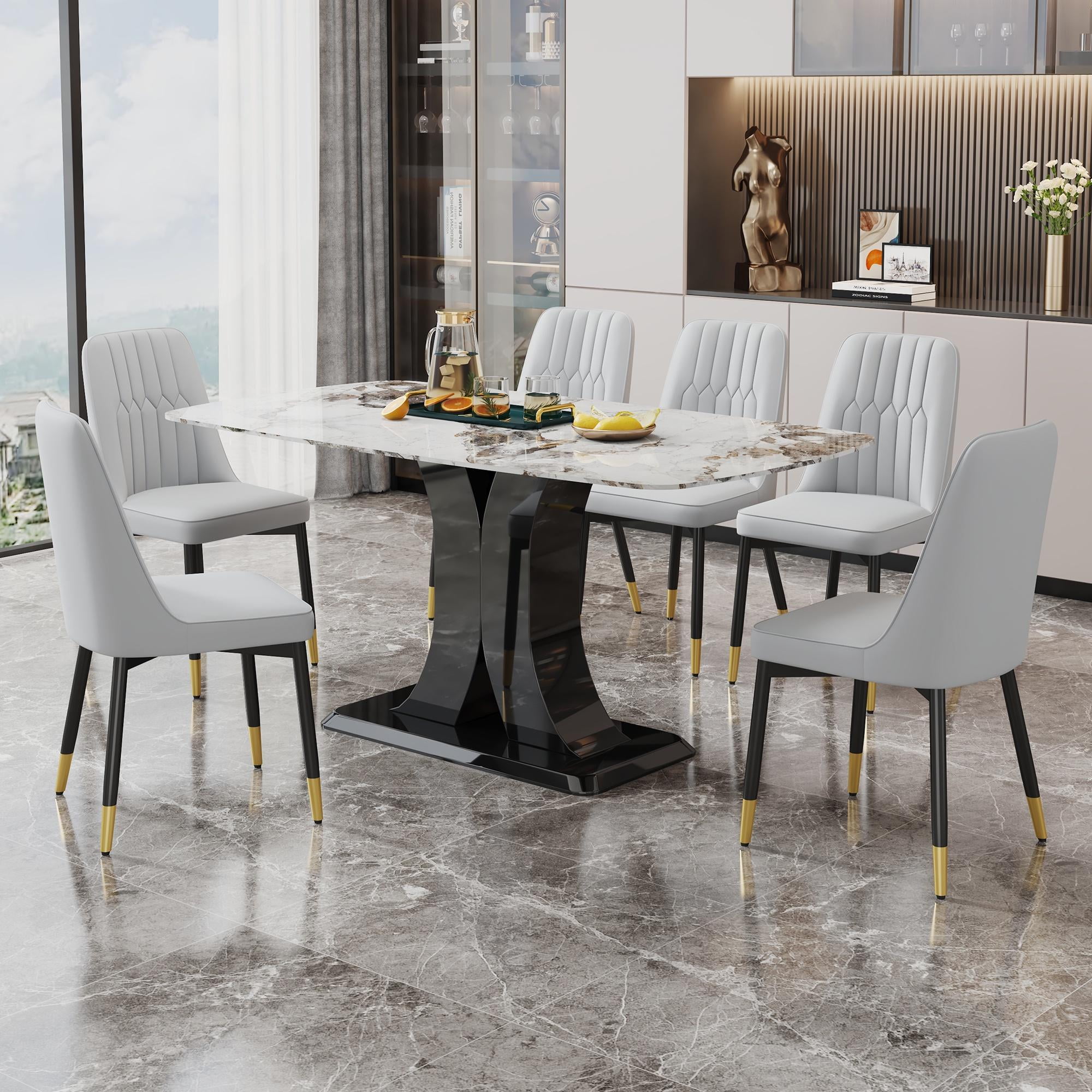 Sumdeal 63" Morden Faux White Marble Dining Room Table Set,Big Kitchen Dining Table for 6-8 with ...