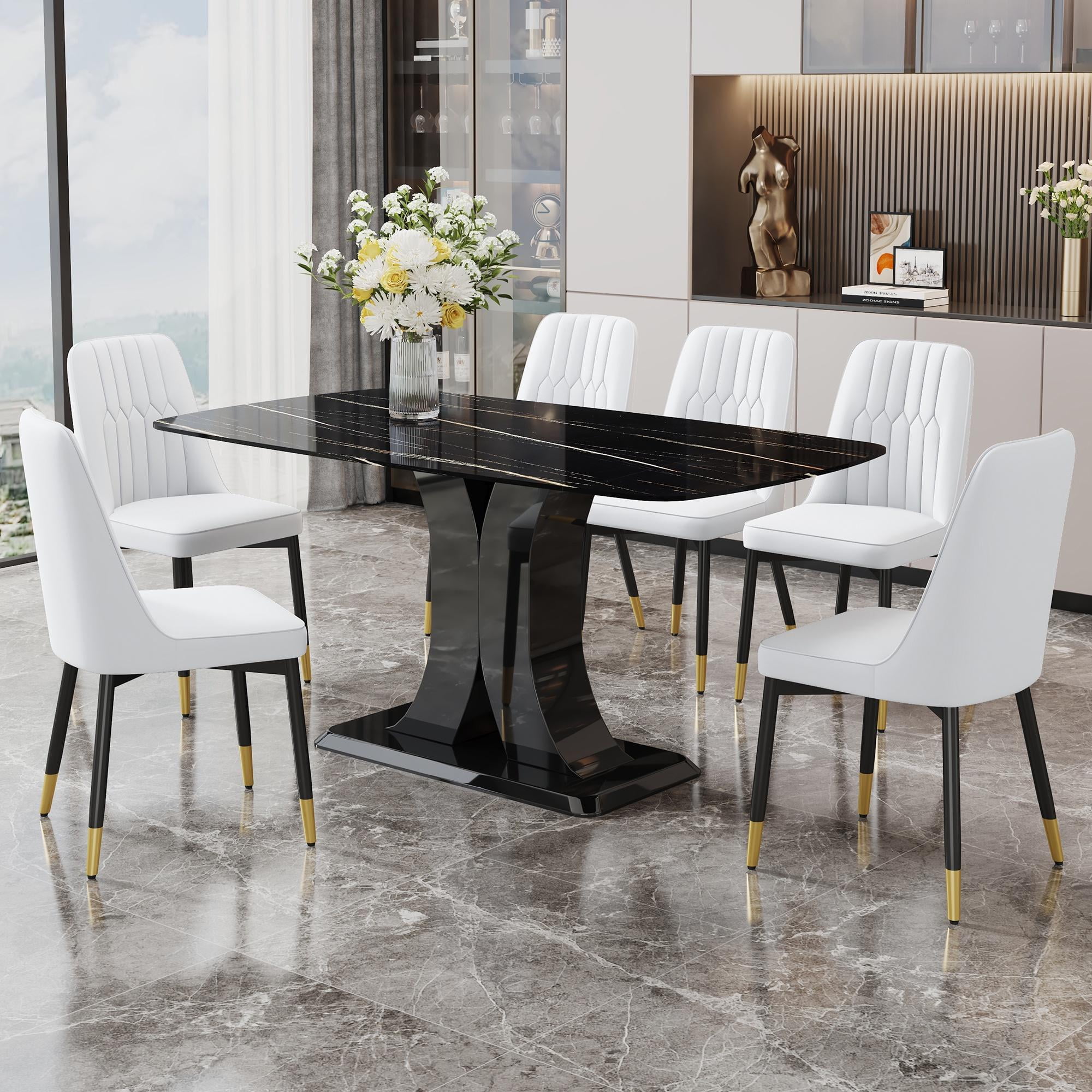Sumdeal 63" Morden Faux White Marble Dining Room Table Set,Big Kitchen ...