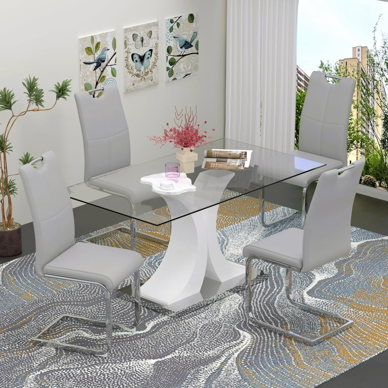 Sumdeal 63 inch Rectangle Modern Glass Top Dining Room Table Sets for 4 Glass Dining Table with 4 PU Leather C Shape Chairs with Handle 1 White Base