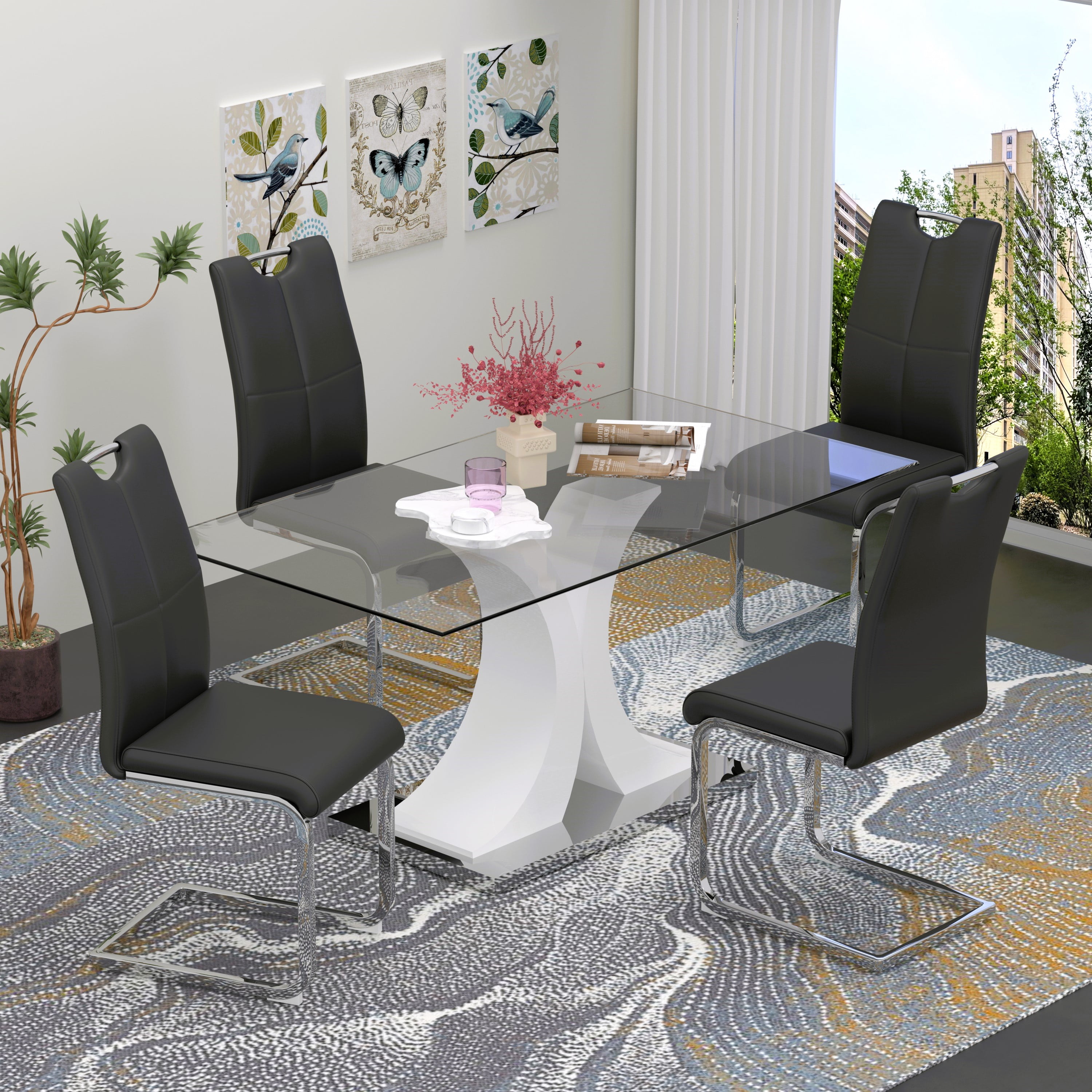 Sumdeal 63" rectangle Modern Glass Top Dining Room Table Sets for 4 ...