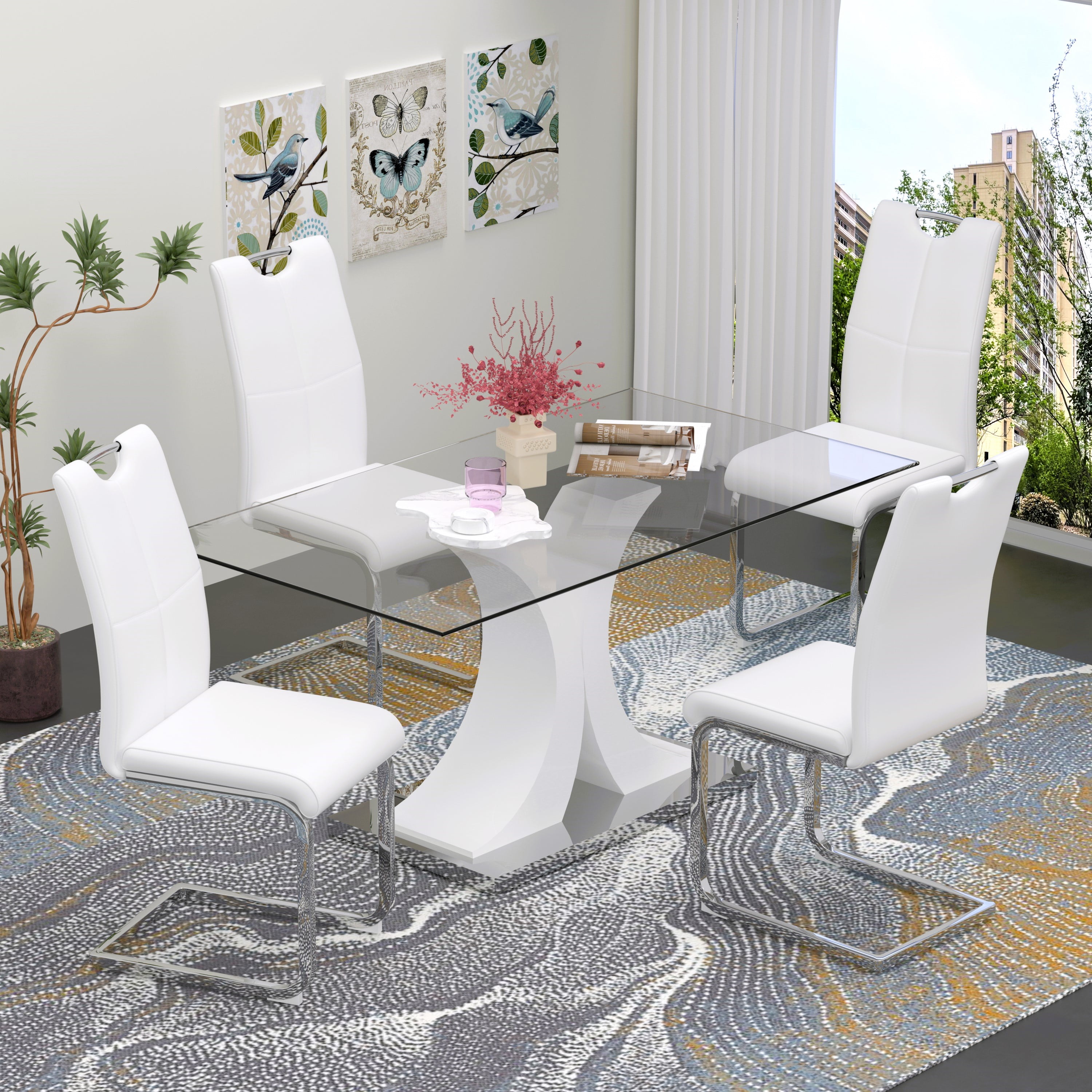 Sumdeal 63" rectangle Modern Glass Top Dining Room Table Sets for 4 ...