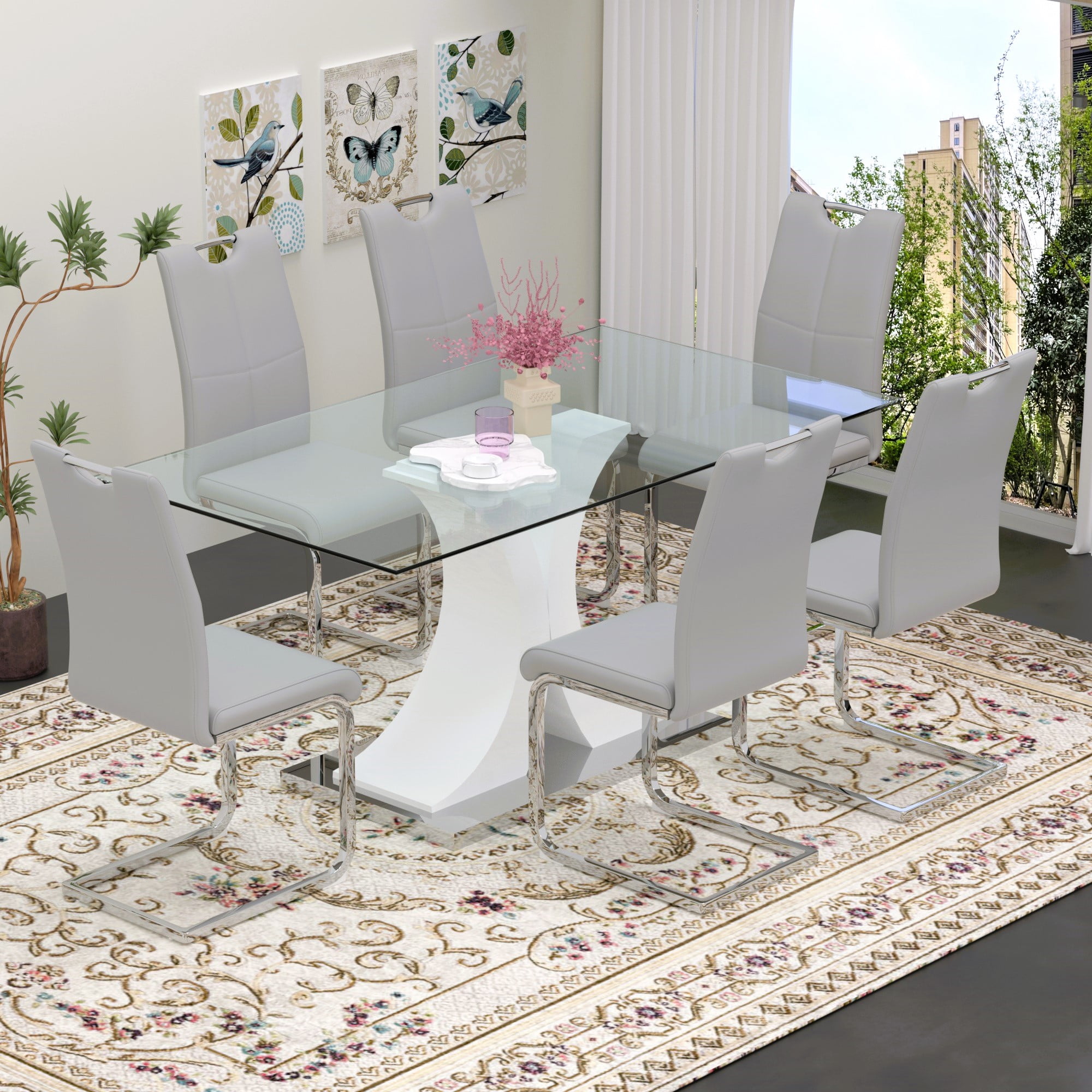 Sumdeal 63" rectangle Modern Glass Top Dining Room Table Sets for 6 ...